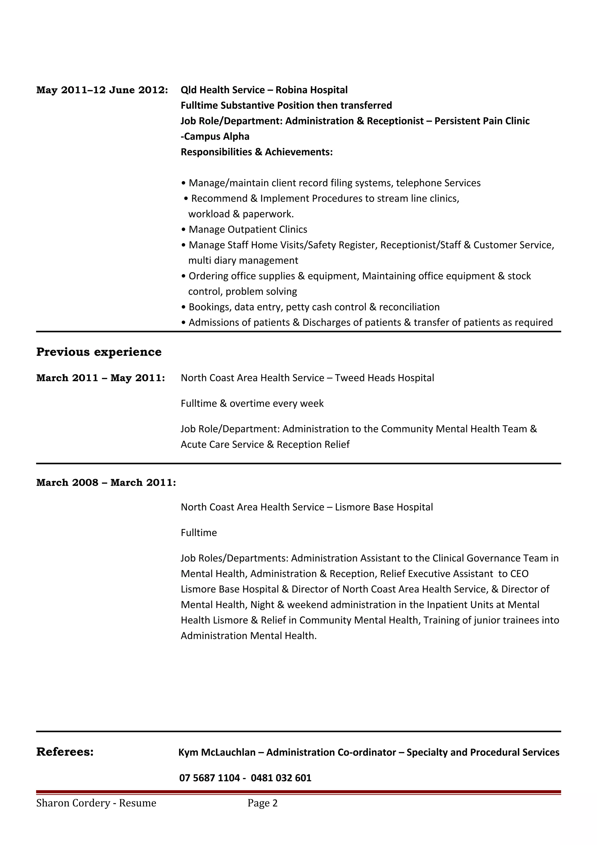 Sharon Cordery - Resume 2015 | DOC | Healthcare Industry | Industries