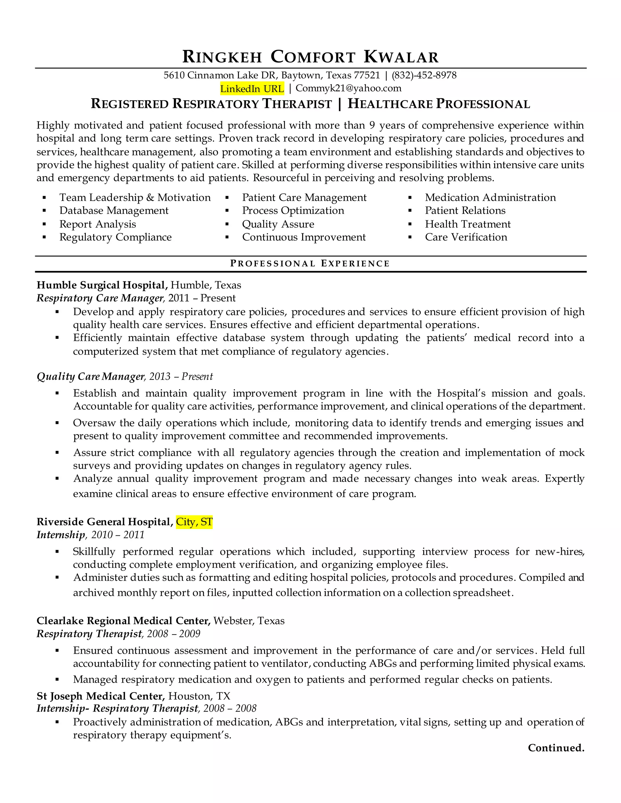 RT Versus Quality HealthCare Resume | DOCX