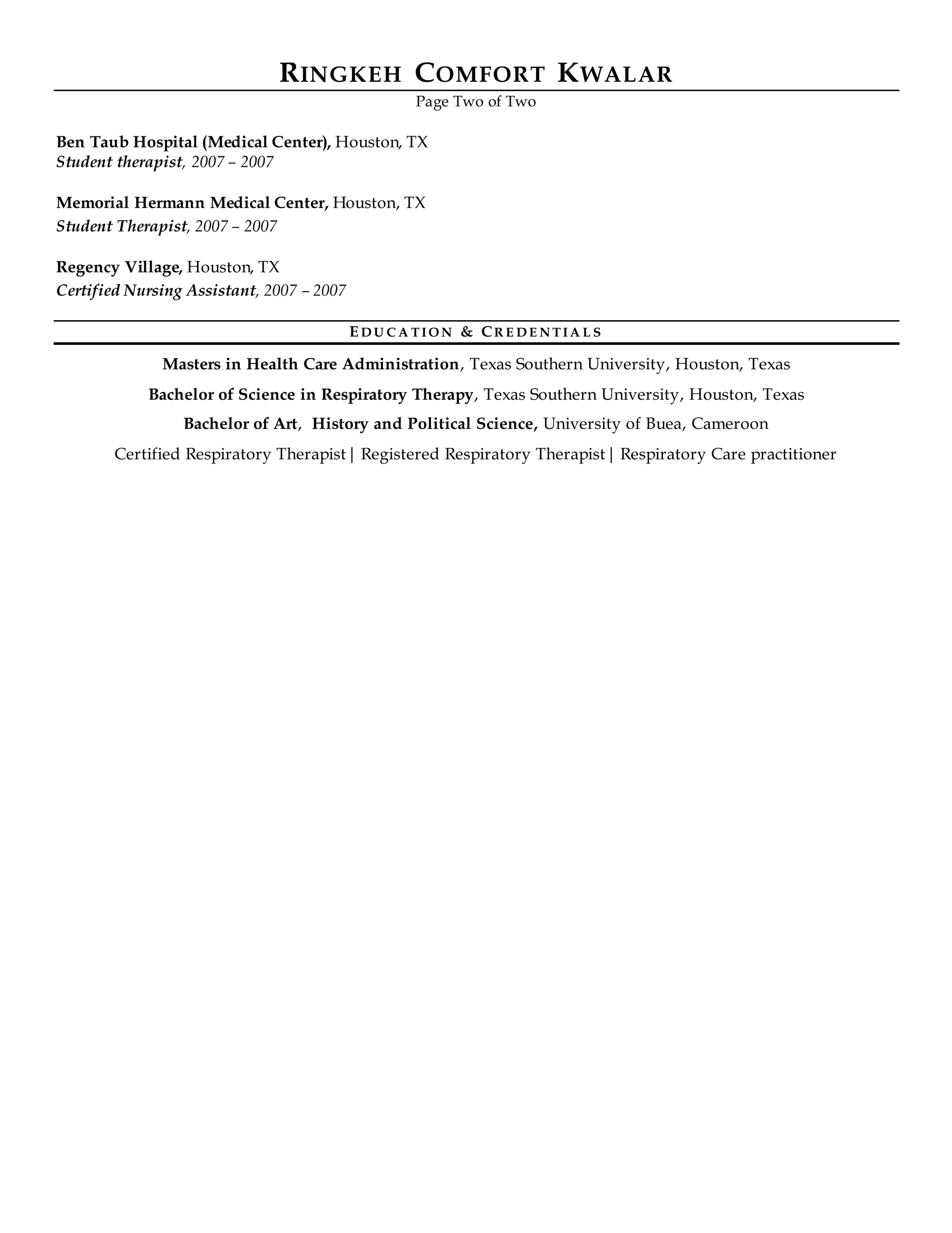 RT Versus Quality HealthCare Resume | DOCX