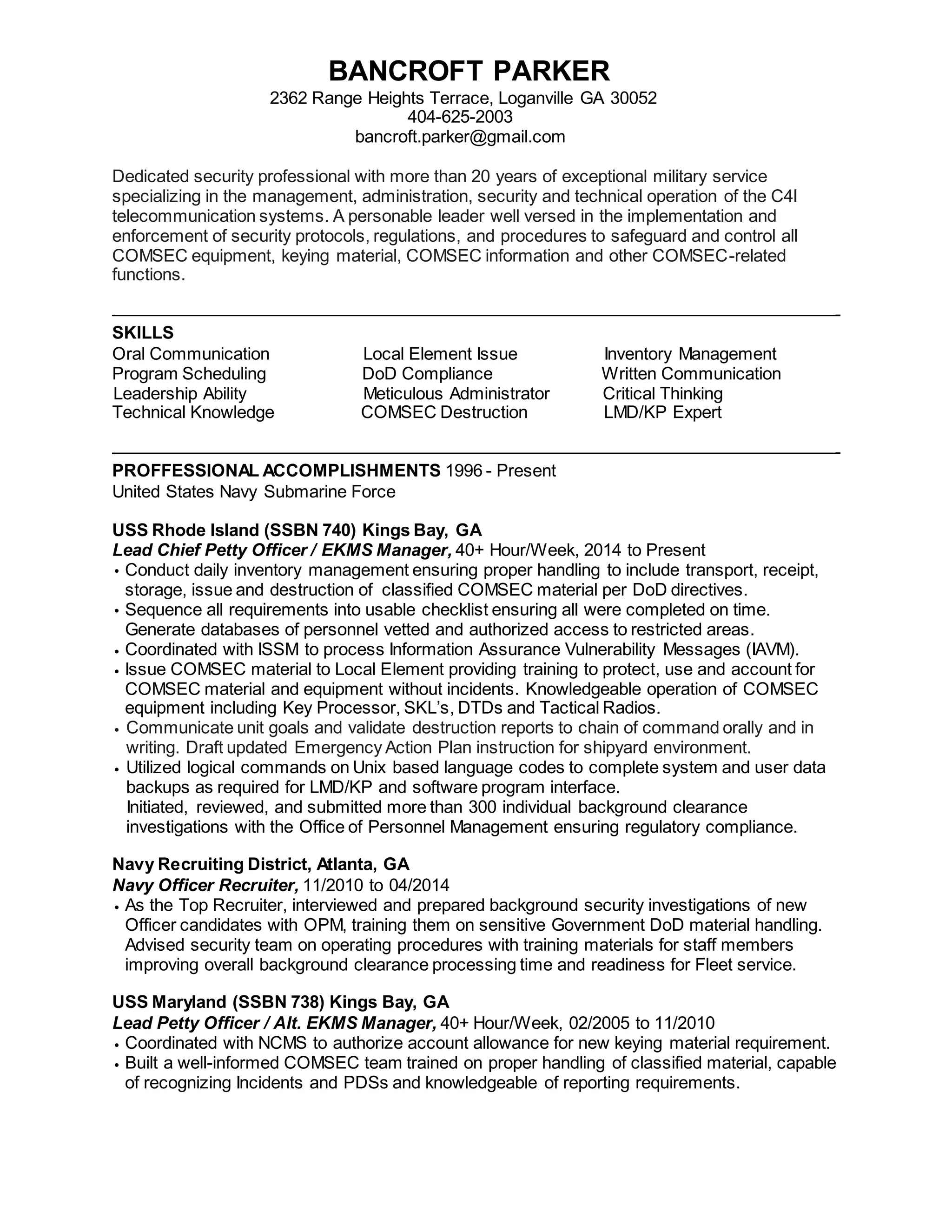 Bancroft Parker COMSEC Resume | DOCX