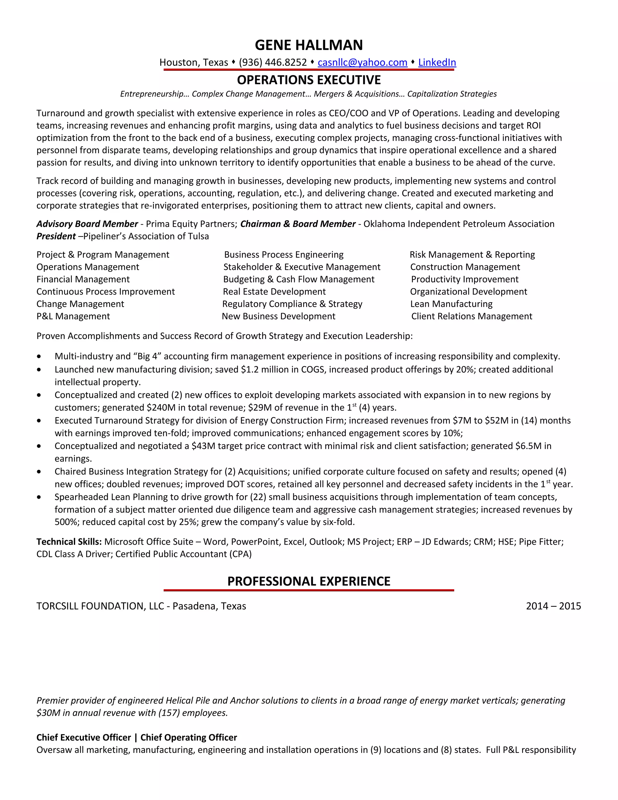 Gene Hallman Resume 4-7-16 Ex | DOC | Business Operations | Business