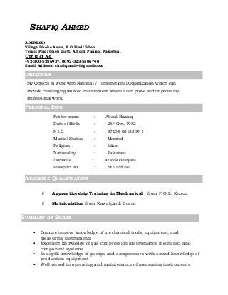 Shafiq Ahmed Assistant Mechanic CV