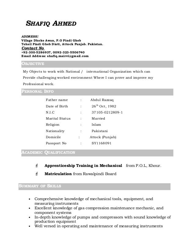 Shafiq Ahmed Assistant Mechanic CV