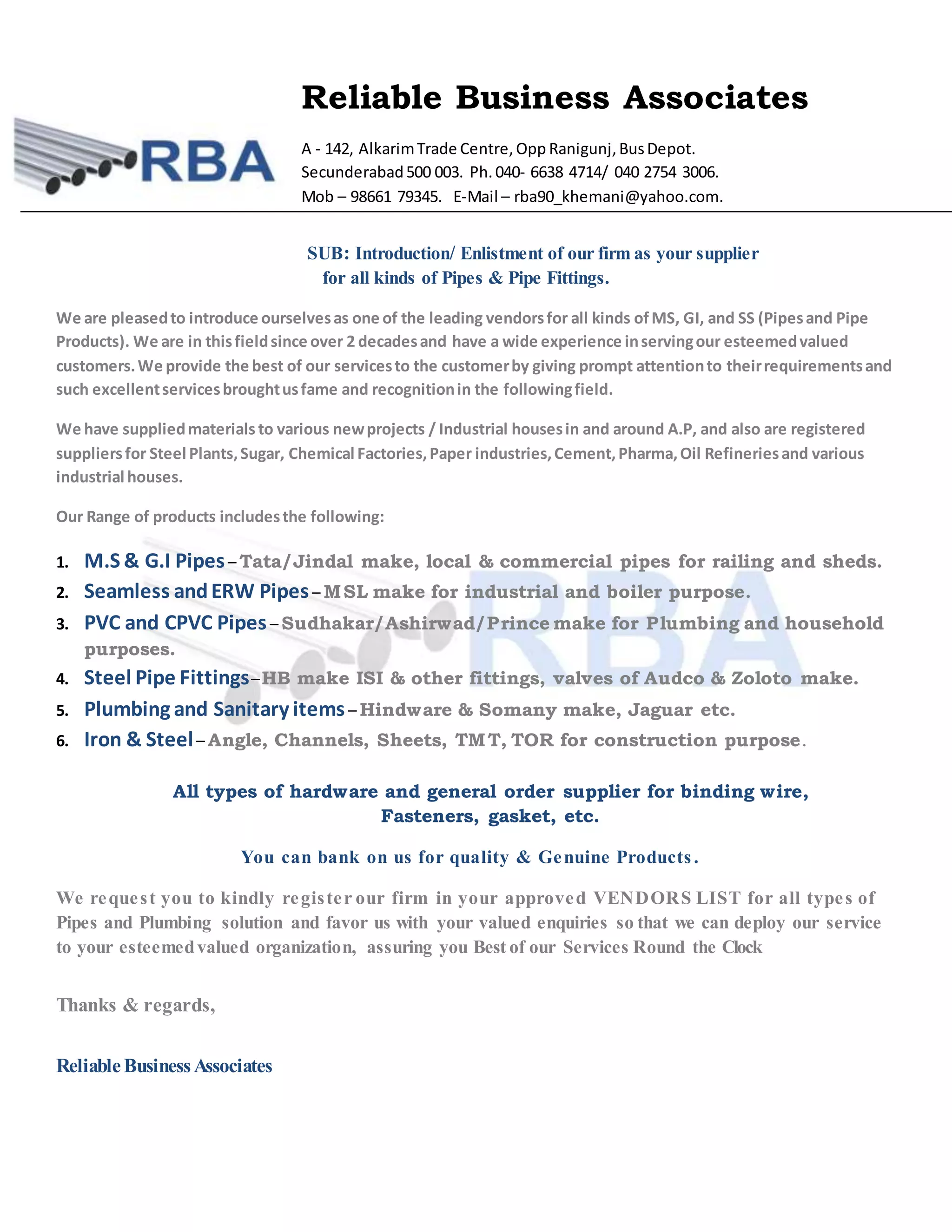 Reliable Business Associates Introduction Letter | DOCX