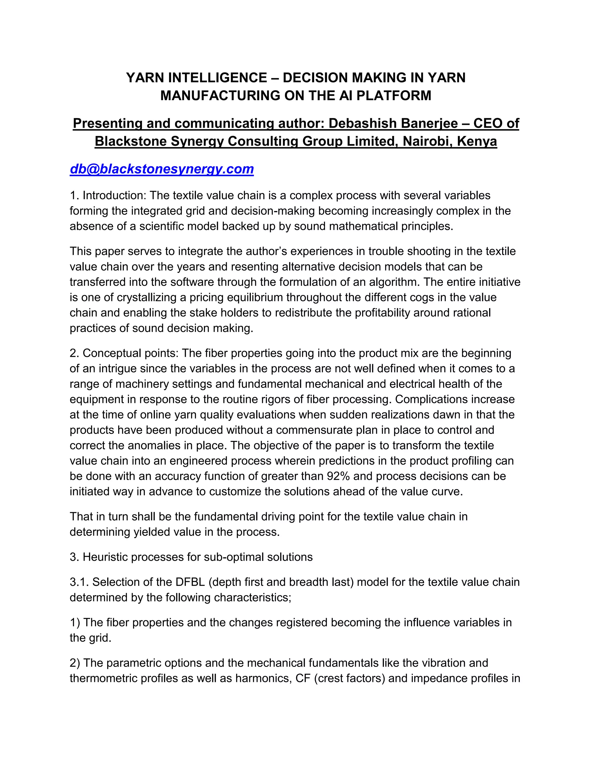 Yarn intelliegnce - decision making in yarn manufacturing on AI platform | PDF