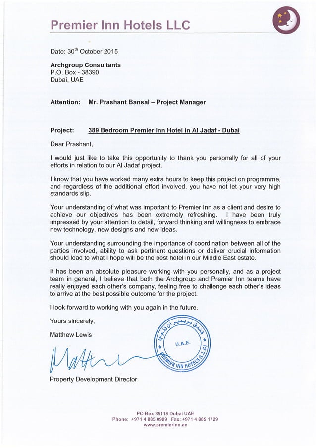 Premier Inn Appreciation Letter | PDF