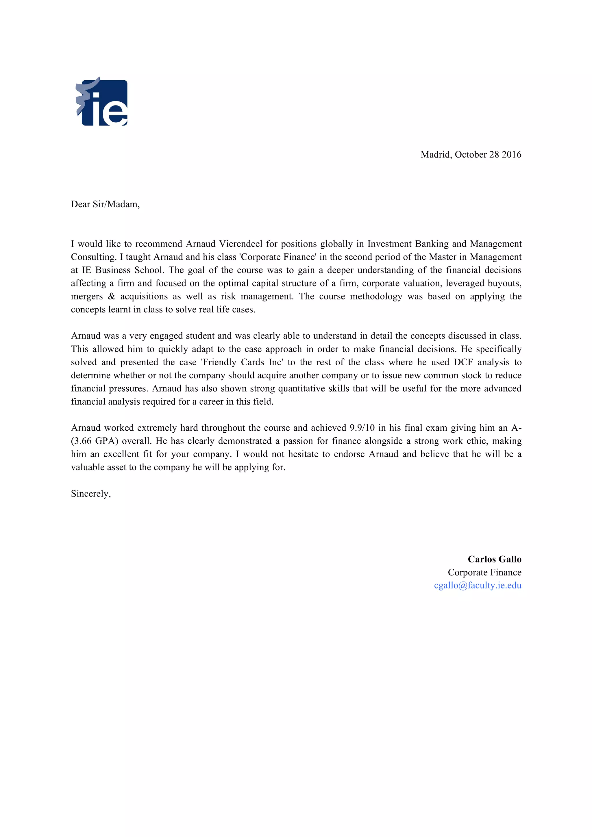 Recommendation Letter Arnaud Vierendeel Corporate Finance | PDF
