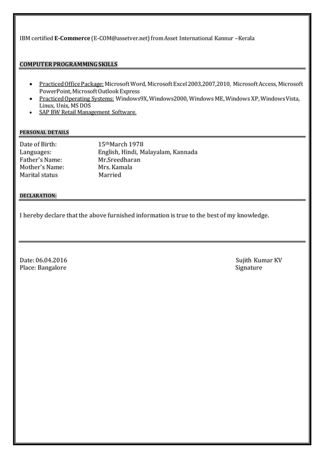 Resume-Sujith Kumar KV_2016 | PDF