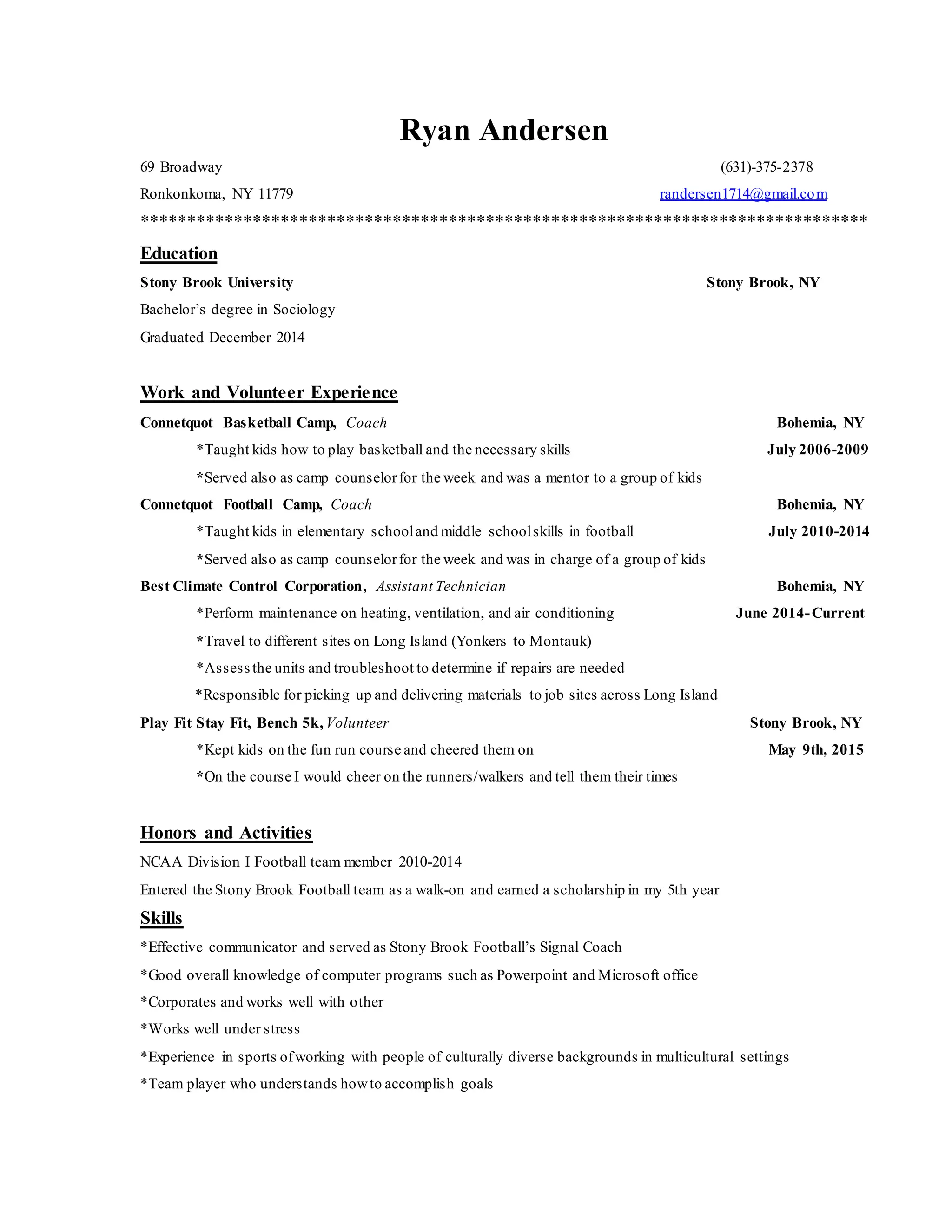 Ryan Andersen resume | DOCX | College Football | College Sports