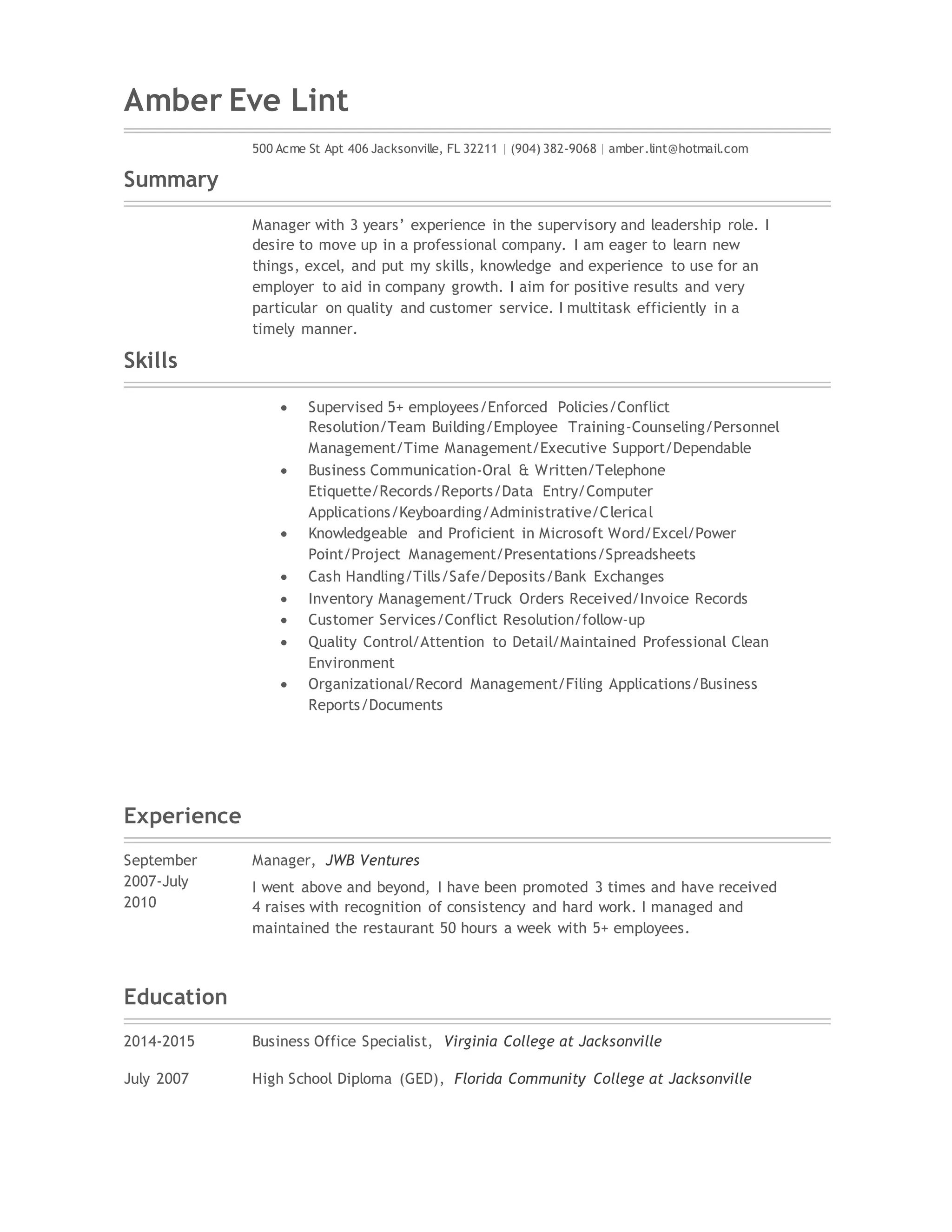 Amber Eve Lint Resume | PDF