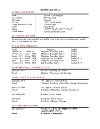CURRICULUM VITAE FOR INNOCENT KAYUNGUYA | DOCX