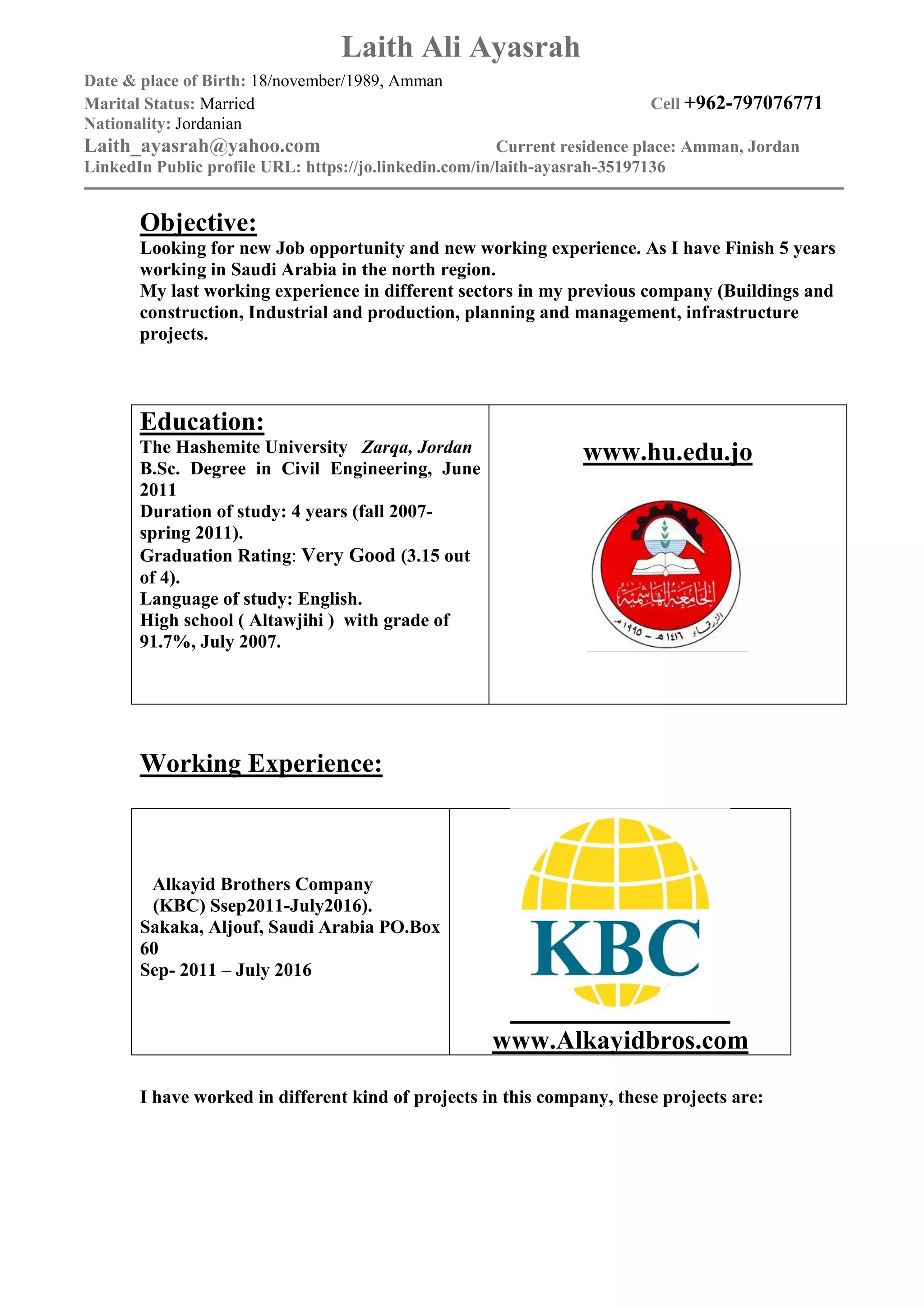 LAITH CV CIVIL ENGINEER 5 YEARS 20-7-2016 | PDF