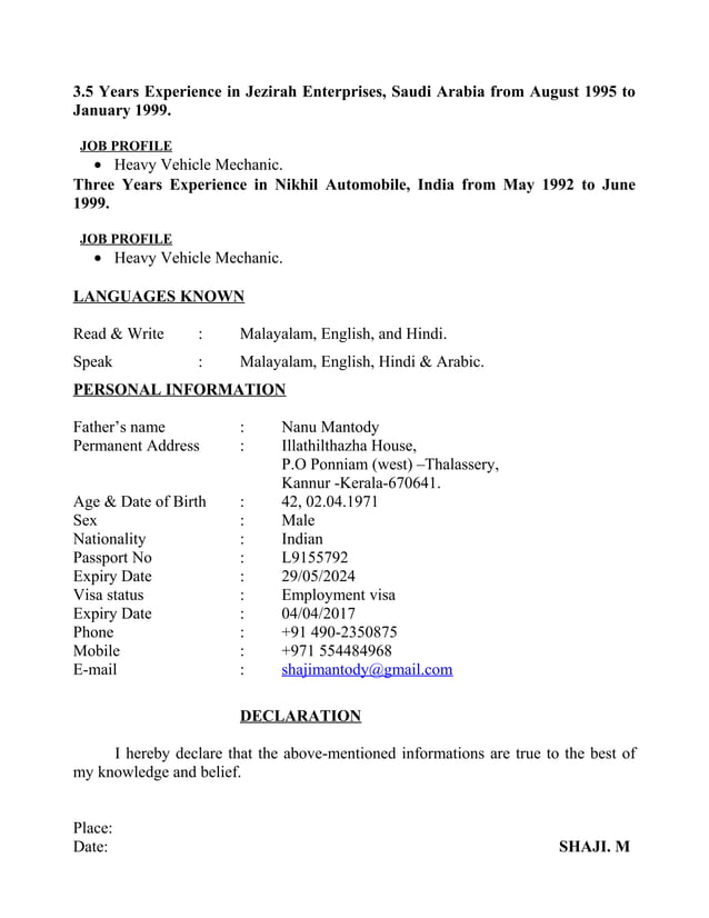 Shaji N.M - CV (1) | PDF