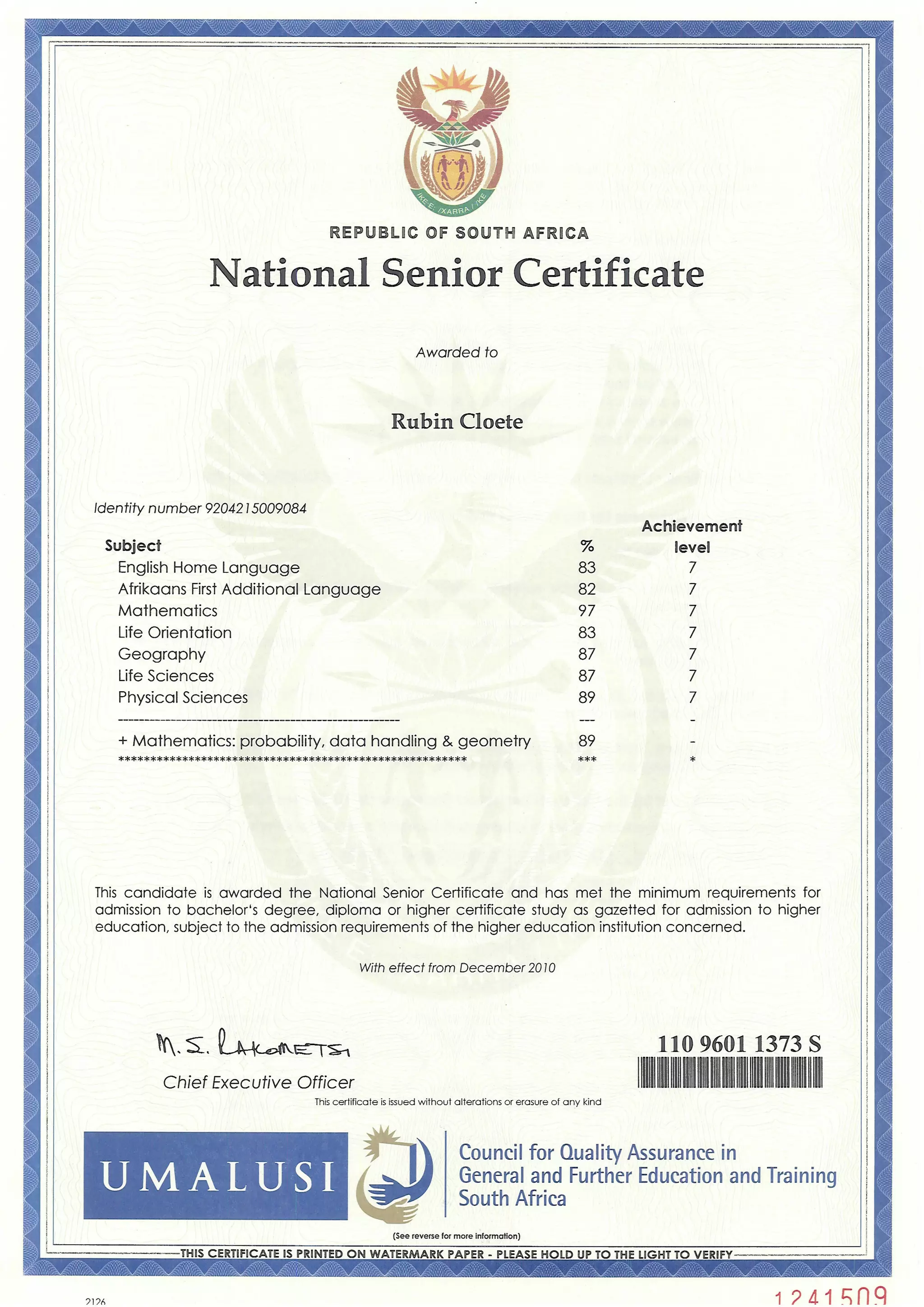Matric Certificate | PDF