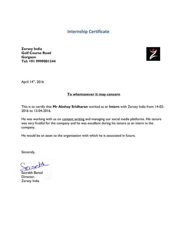 Internship Certificate Akshay | PDF