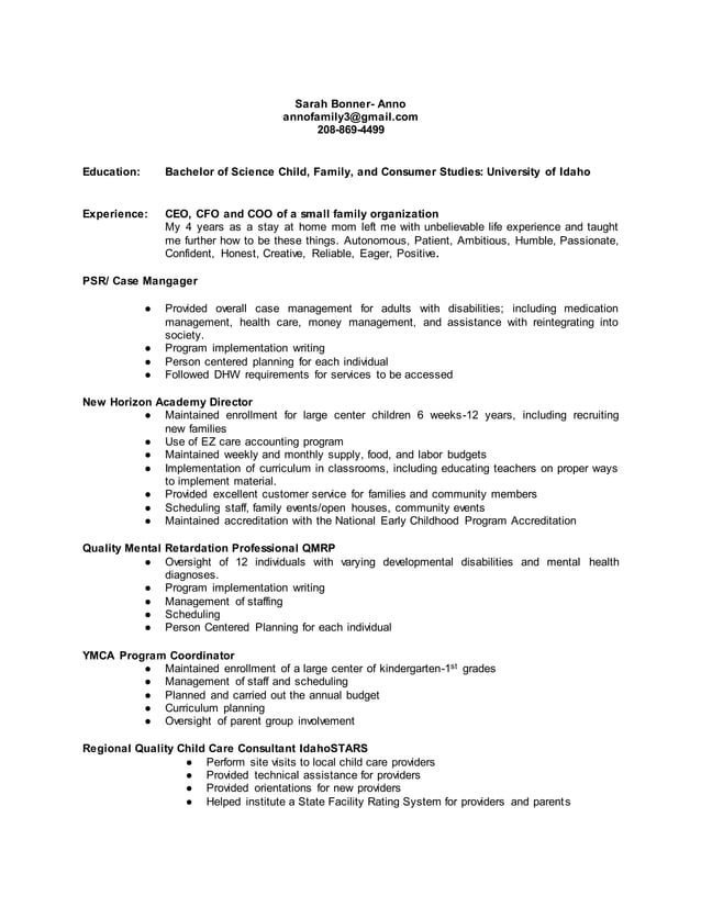 SarahResume.doc | Daycare and Pre-School | Parenting