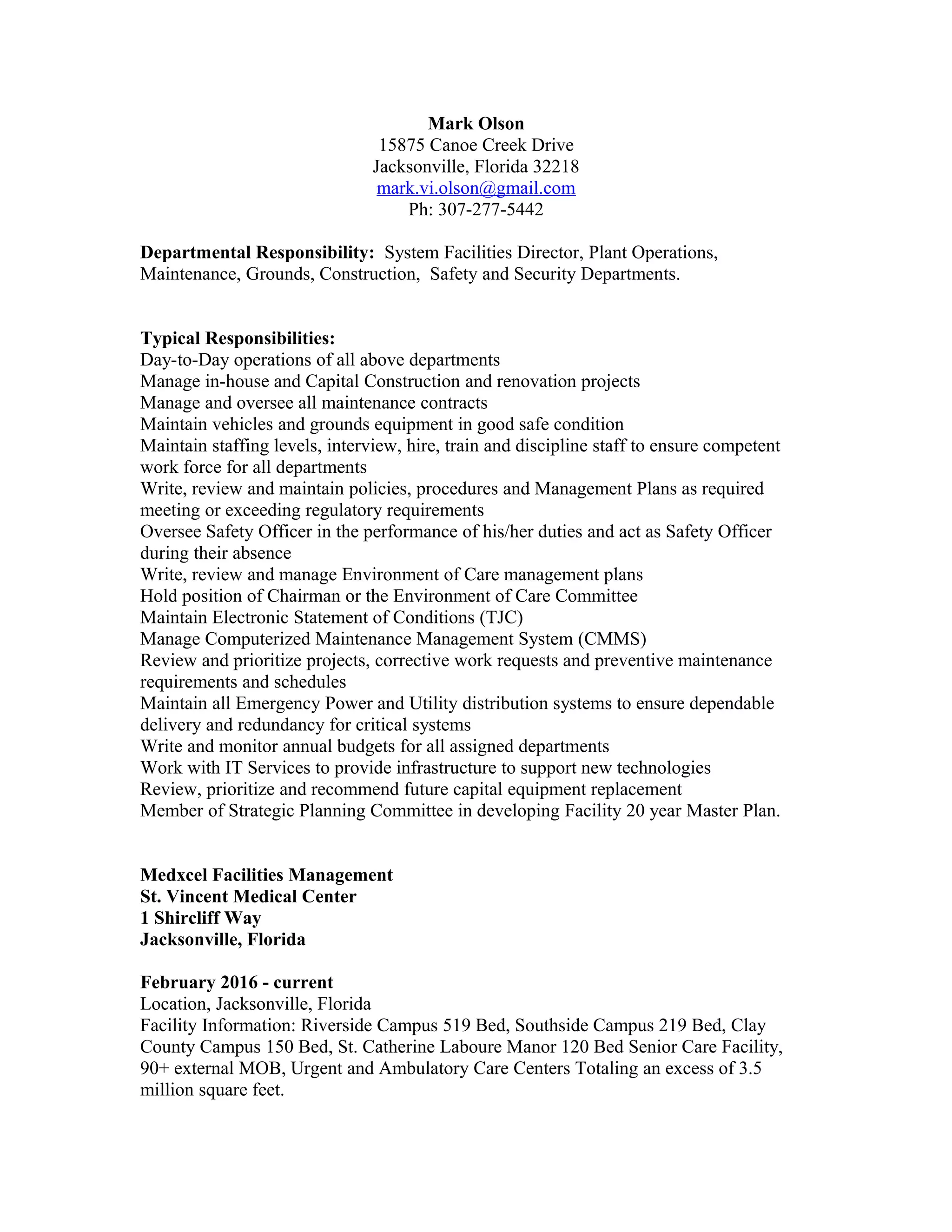 Mark Olson Current Resume | DOC | Civil Engineering Industry | Industries