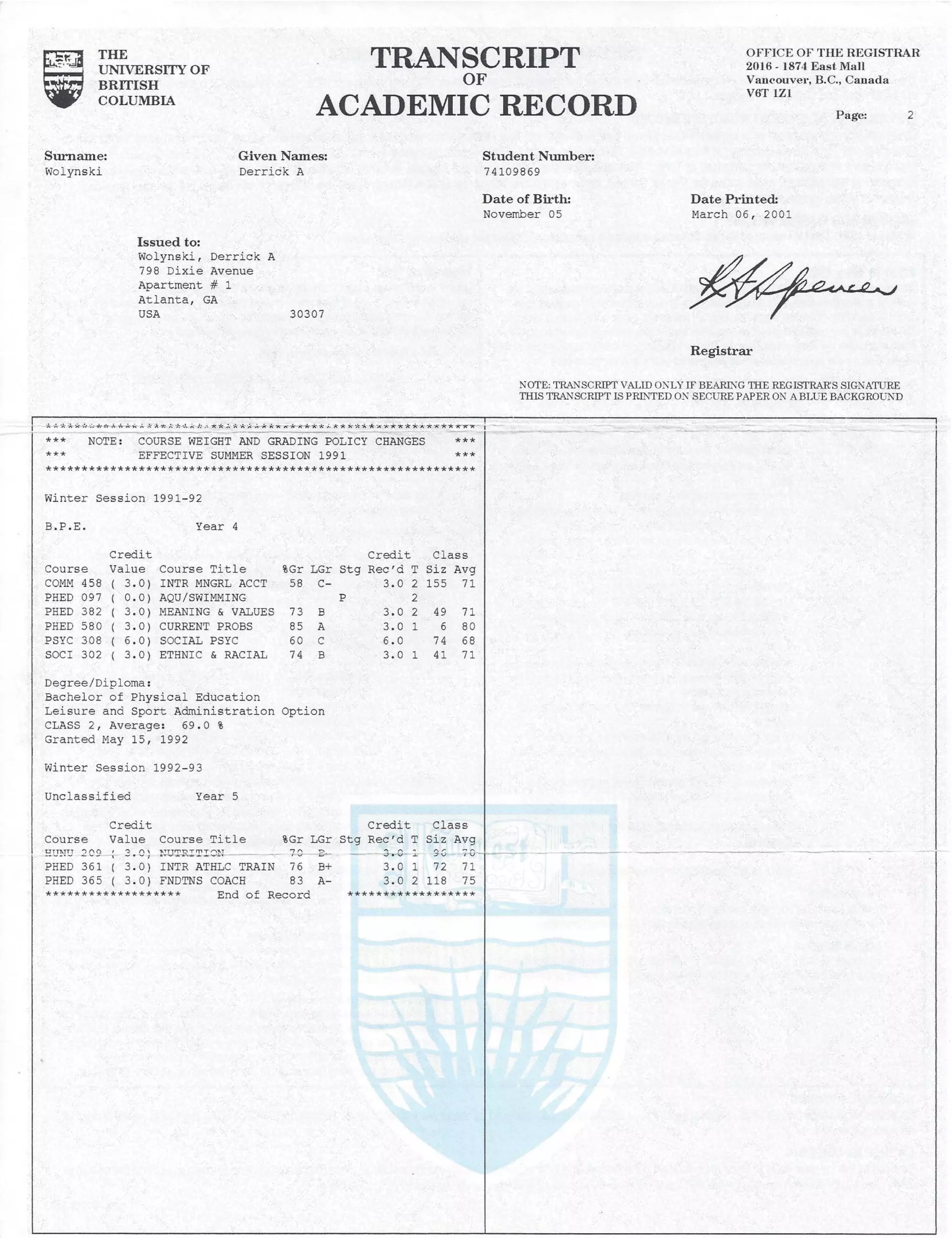 UBC Transcripts page 2 | PDF