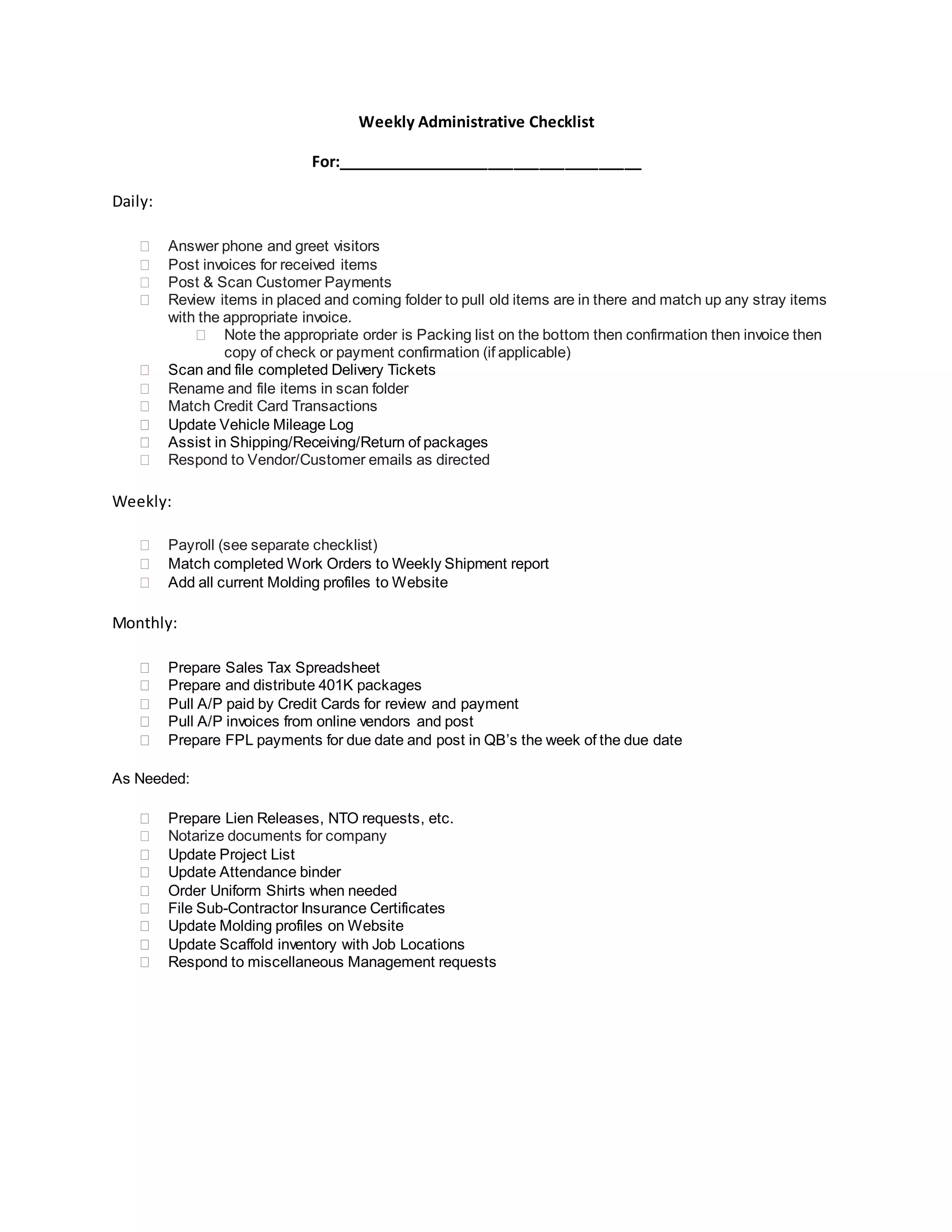 Weekly Administrative Checklist | DOCX