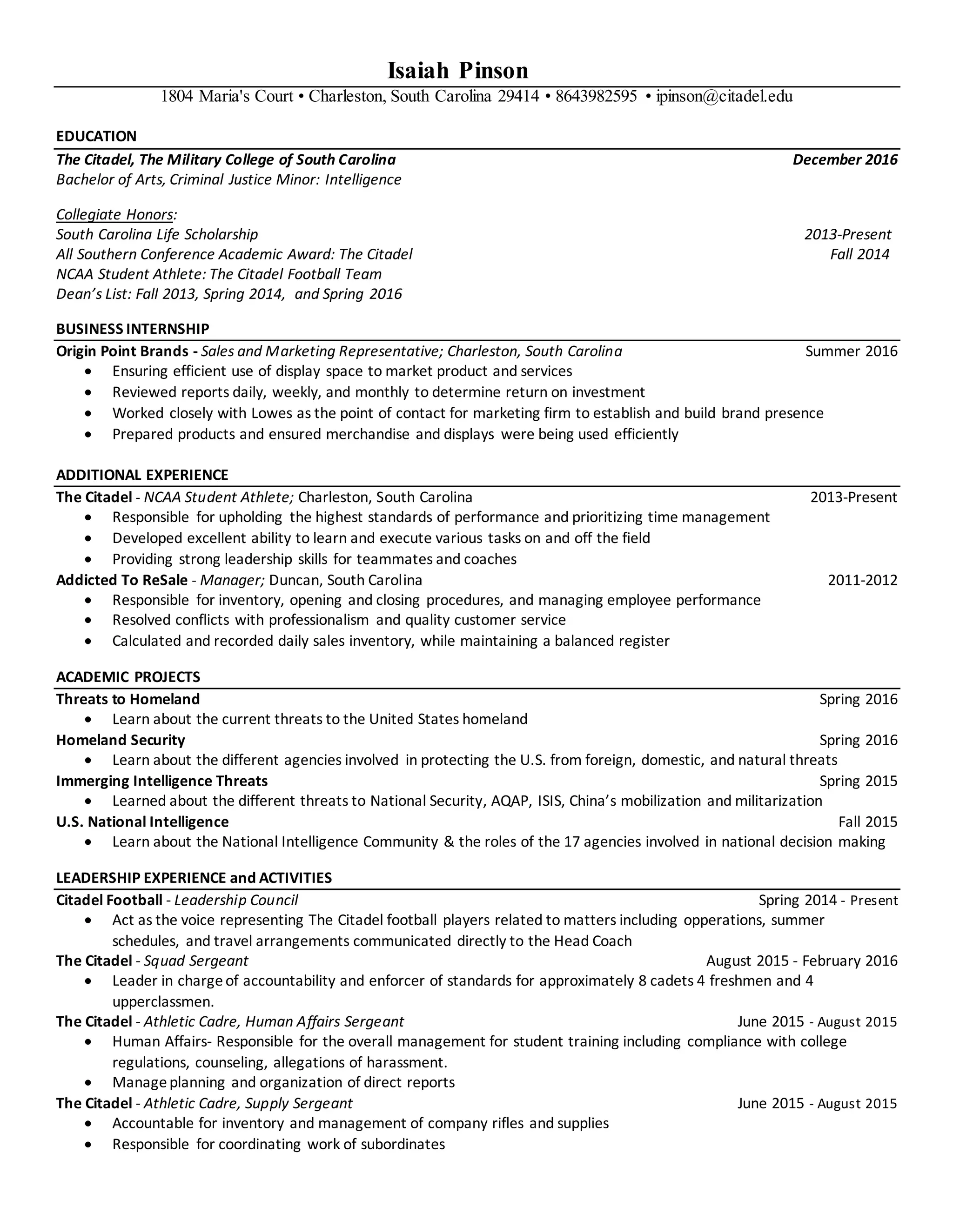 Isaiah Pinson Resume | DOCX | College Sports | Sports