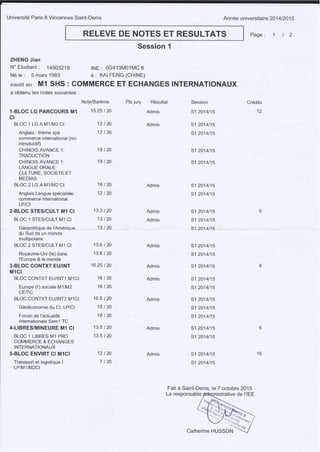 Jian ZHENG RELEVE DE NOTES ET RESULTATS MENTION BIEN PAGE 1 | PDF