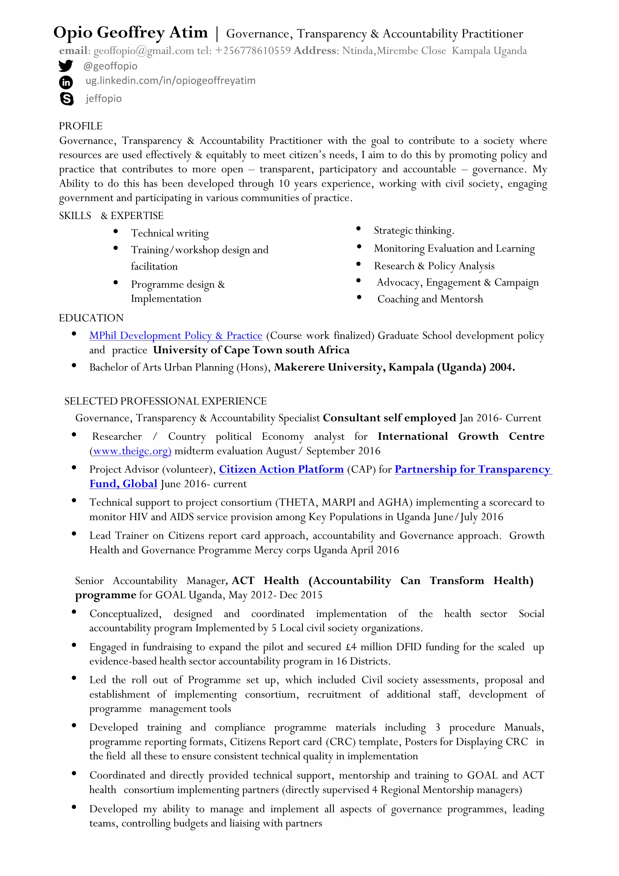 170125 Resume Opio Geoffrey Atim | PDF