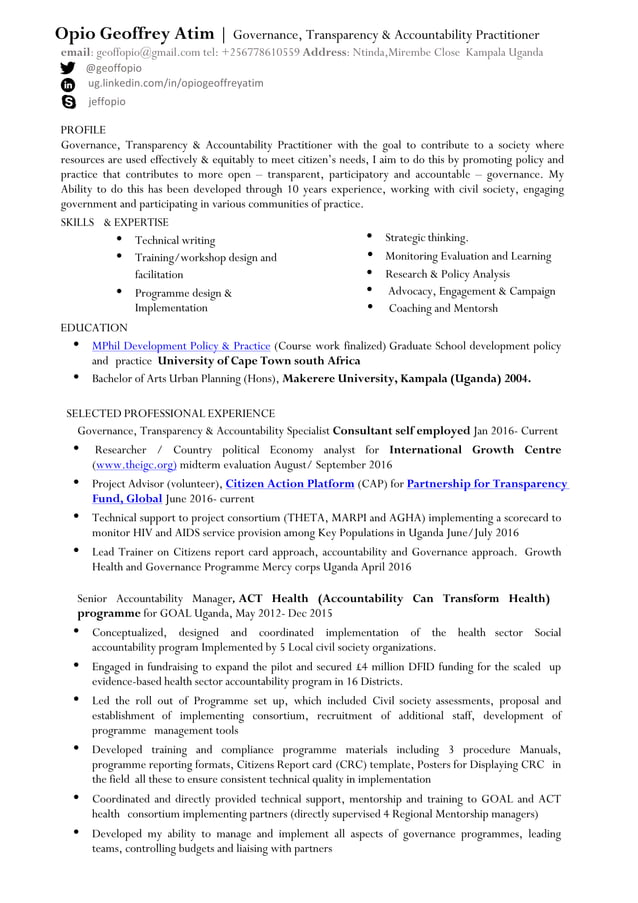 170125 Resume Opio Geoffrey Atim | PDF