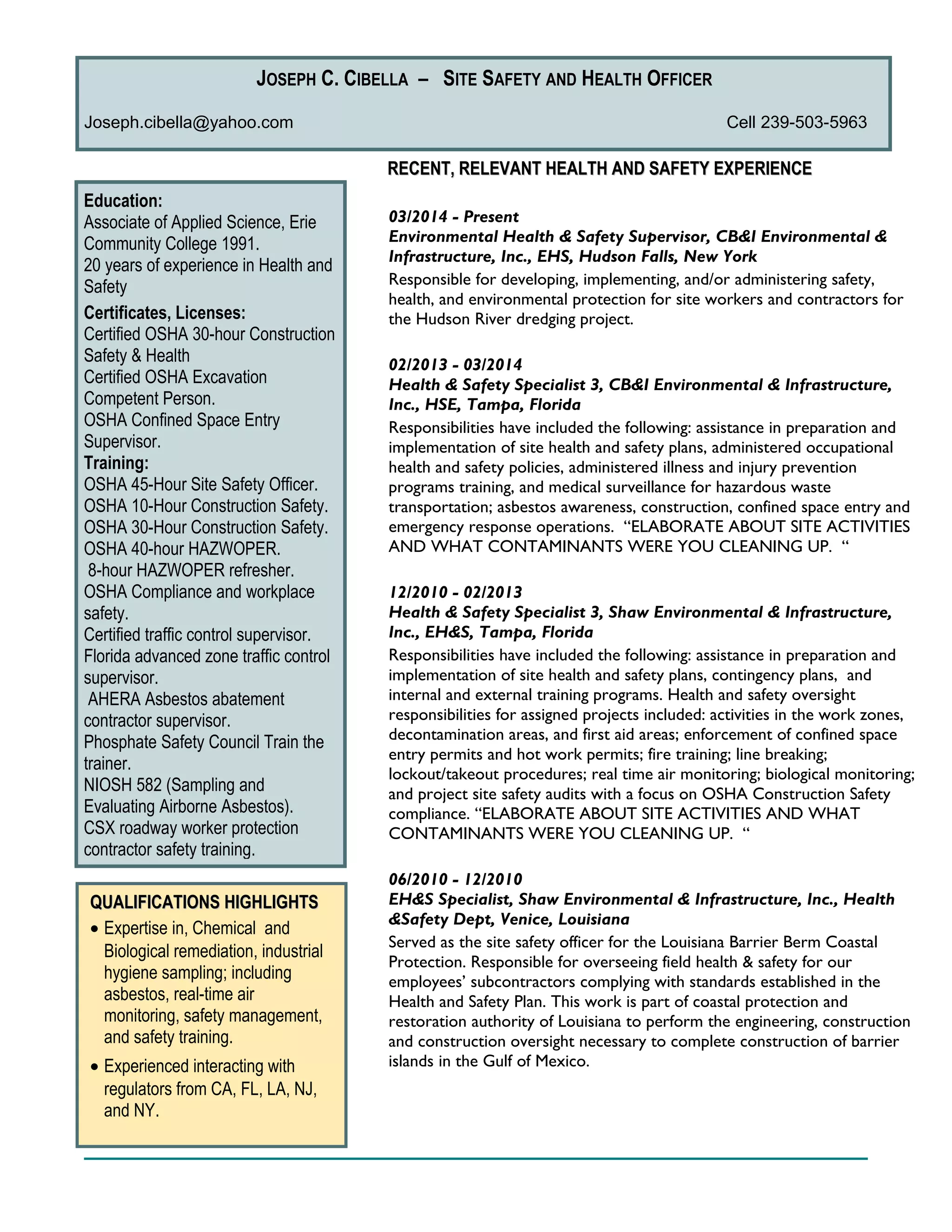 Joe Cibella Resume 2016 | DOC