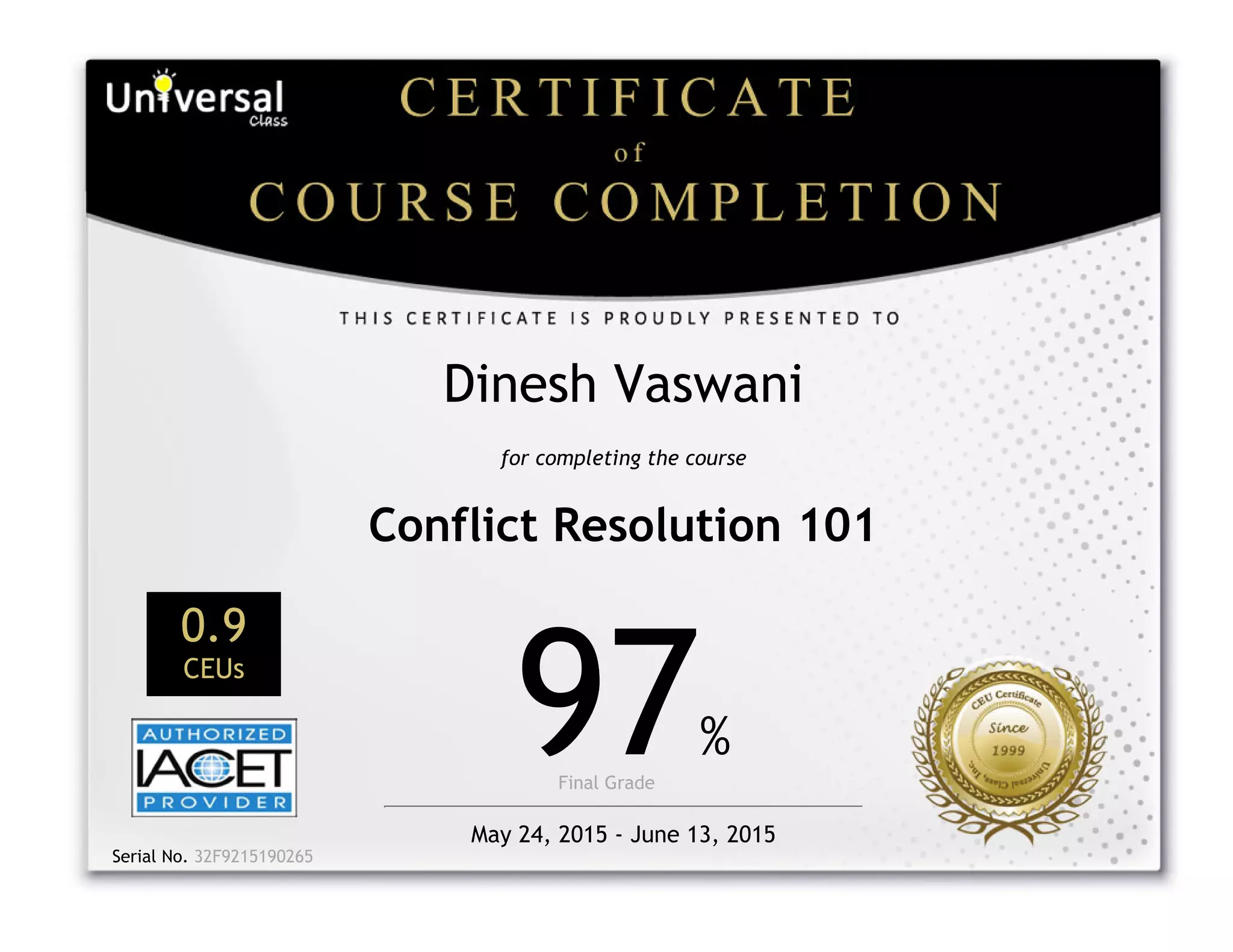 Certificate-Conflict Management-Universal Class-2015 | PDF