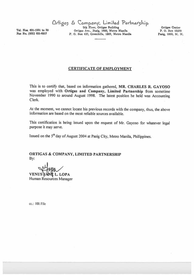 Ortigas and Company WORK CERT | PDF