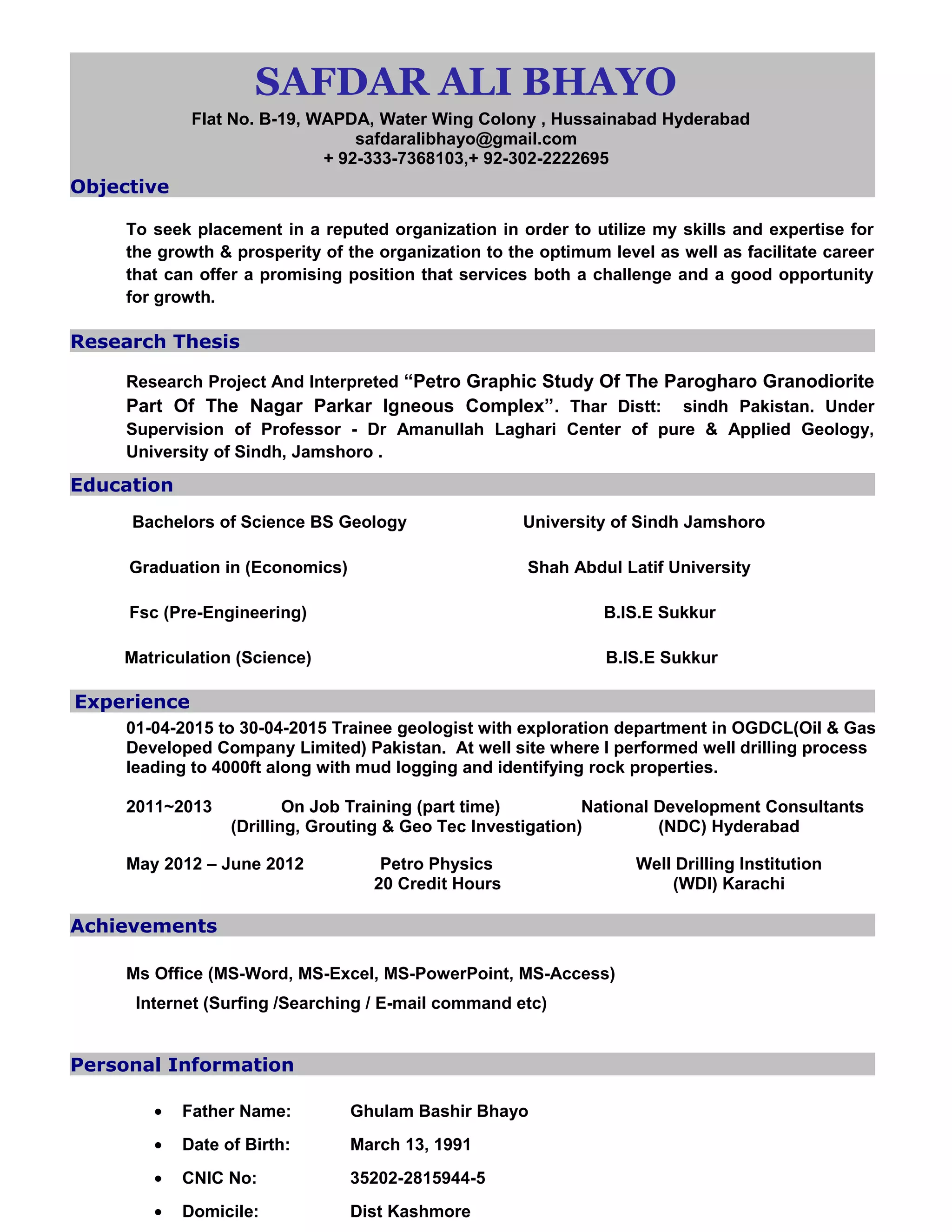 CV Safdar Ali | PDF CV Safdar Ali | PDF