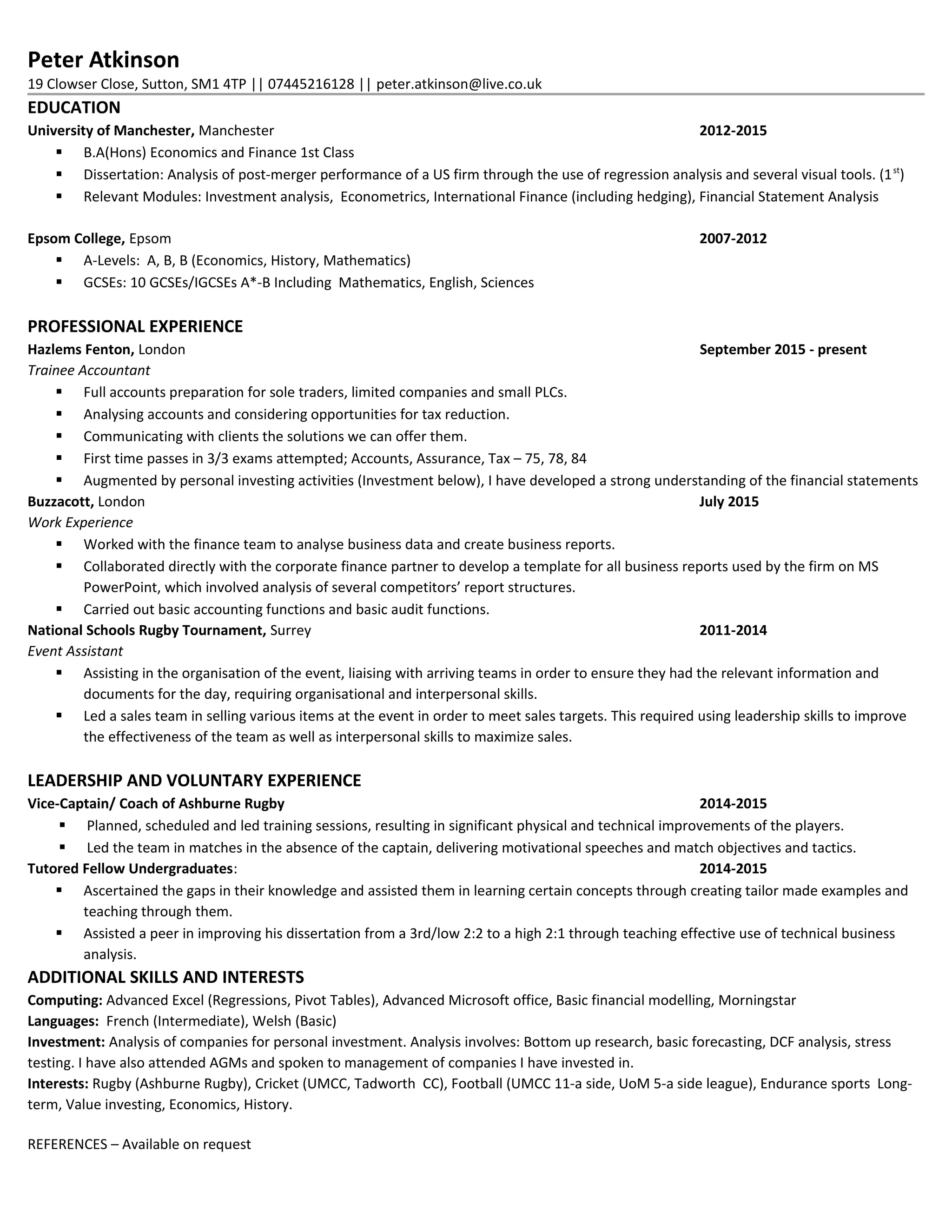 Pete atkinson CV | DOC | Business | Business and Finance
