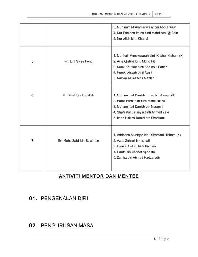 Contoh Kertas Kerja Program Champion -Mentor mentee-champion | DOC