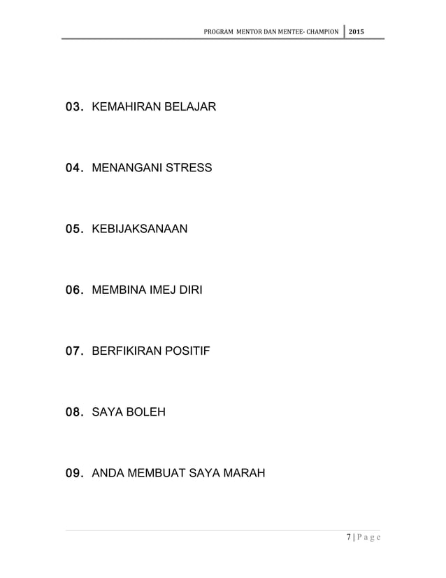 Contoh Kertas Kerja Program Champion -Mentor mentee-champion | DOC