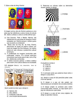 Avaliação 9º ano POP ART e DESIGN | DOCX
