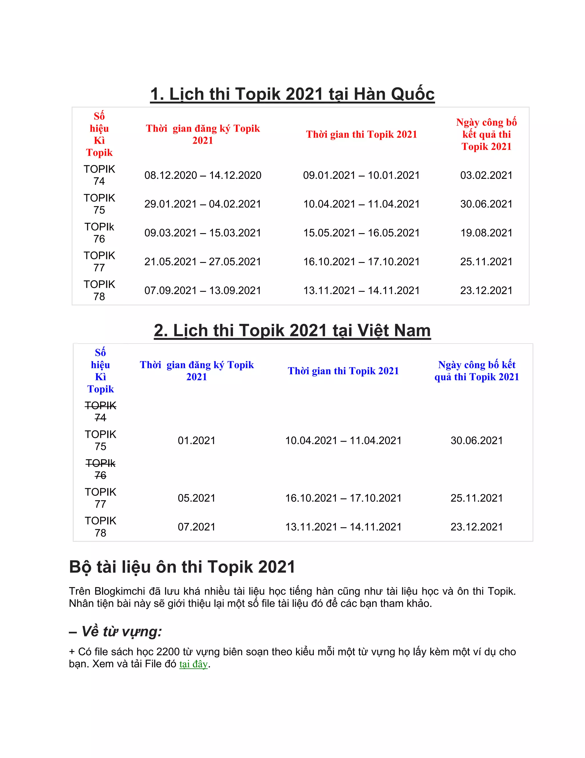 Lịch thi và tài liệu ôn thi topik 2021 | PDF