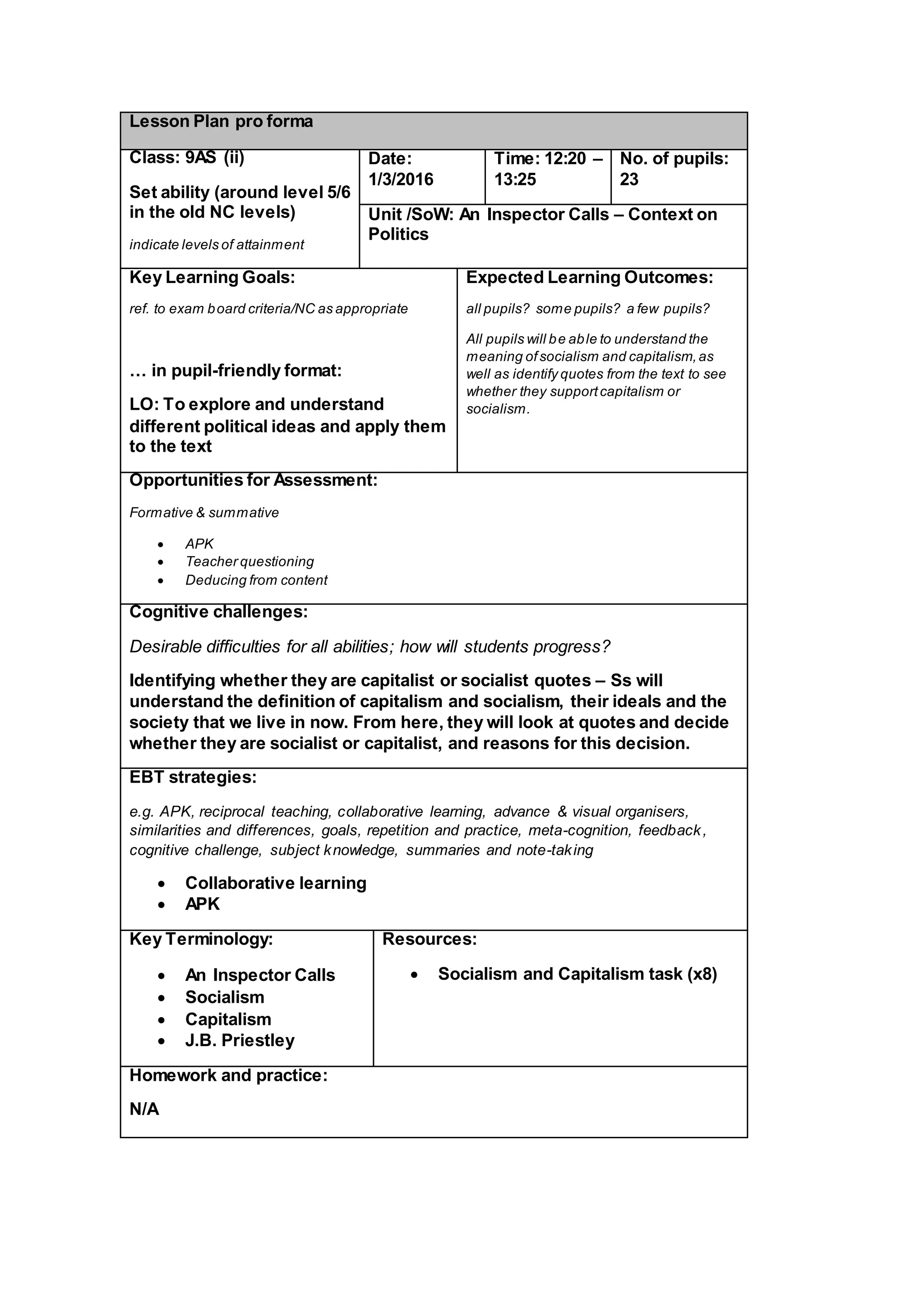 9AS L2 politics lesson plan | DOCX