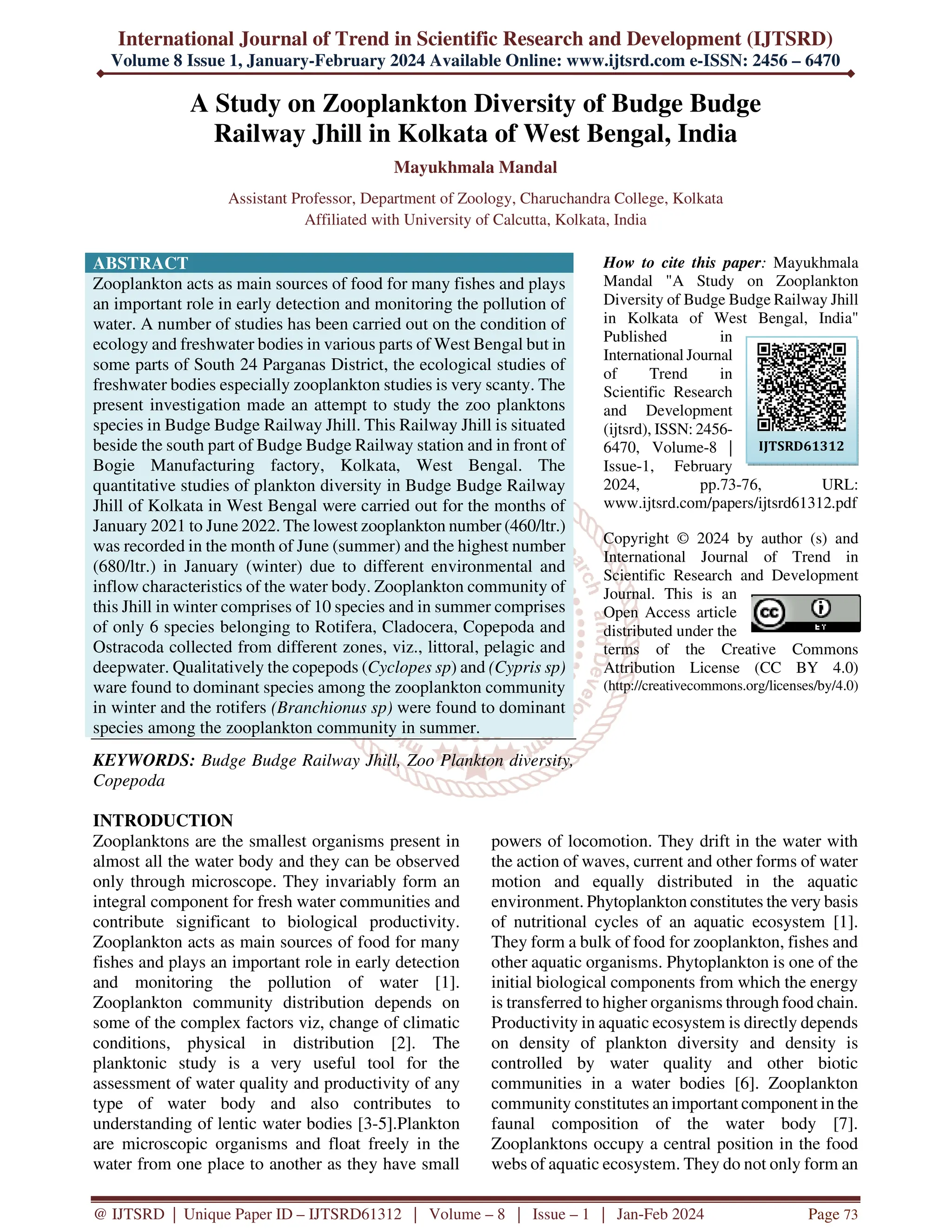 A Study on Zooplankton Diversity of Budge Budge Railway Jhill in Kolkata of West Bengal, India | PDF
