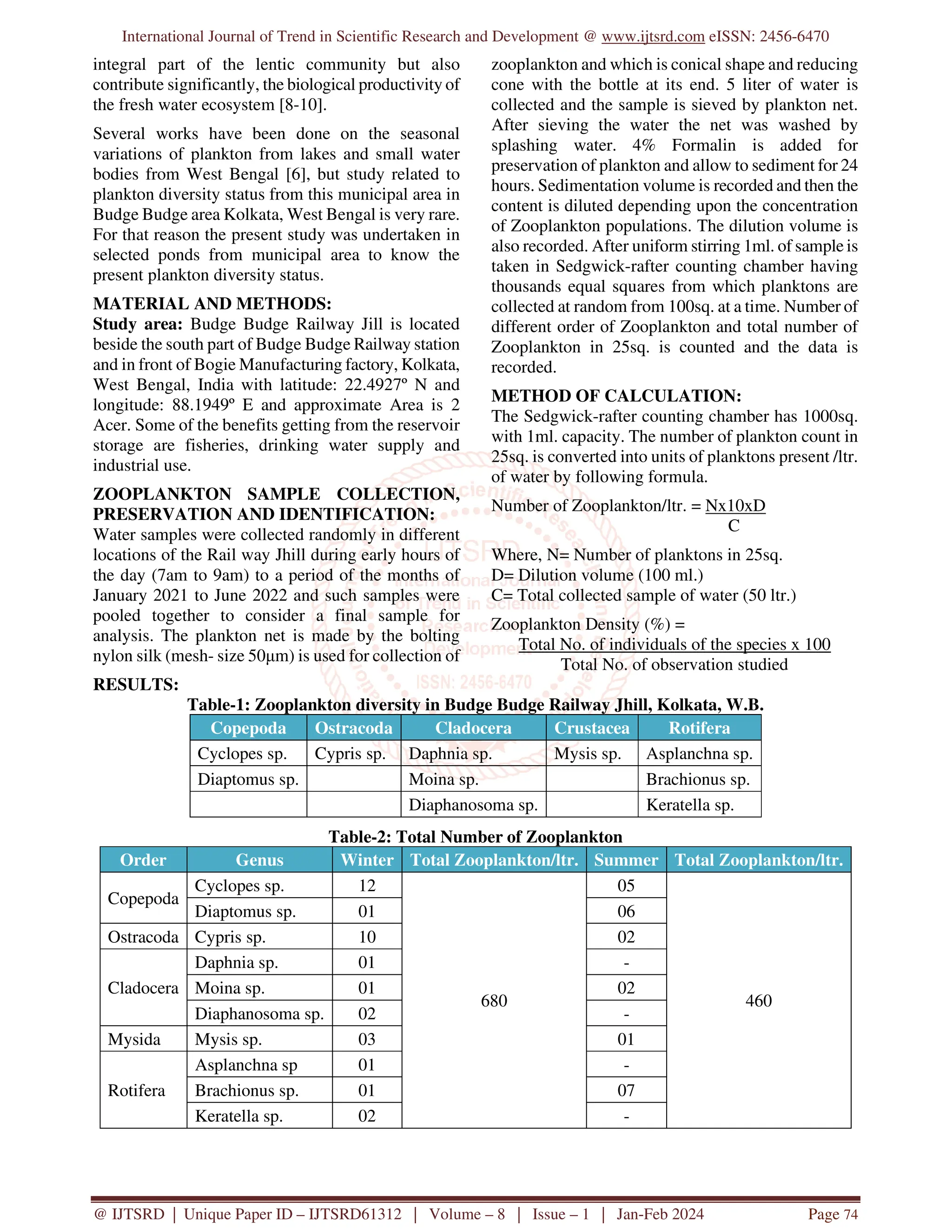 A Study on Zooplankton Diversity of Budge Budge Railway Jhill in Kolkata of West Bengal, India | PDF