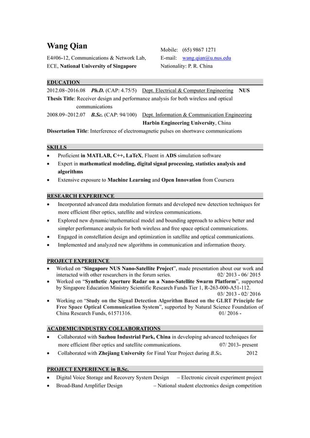 WANG Qian_CV_2016 | PDF | Telecommunications Industry | Industries