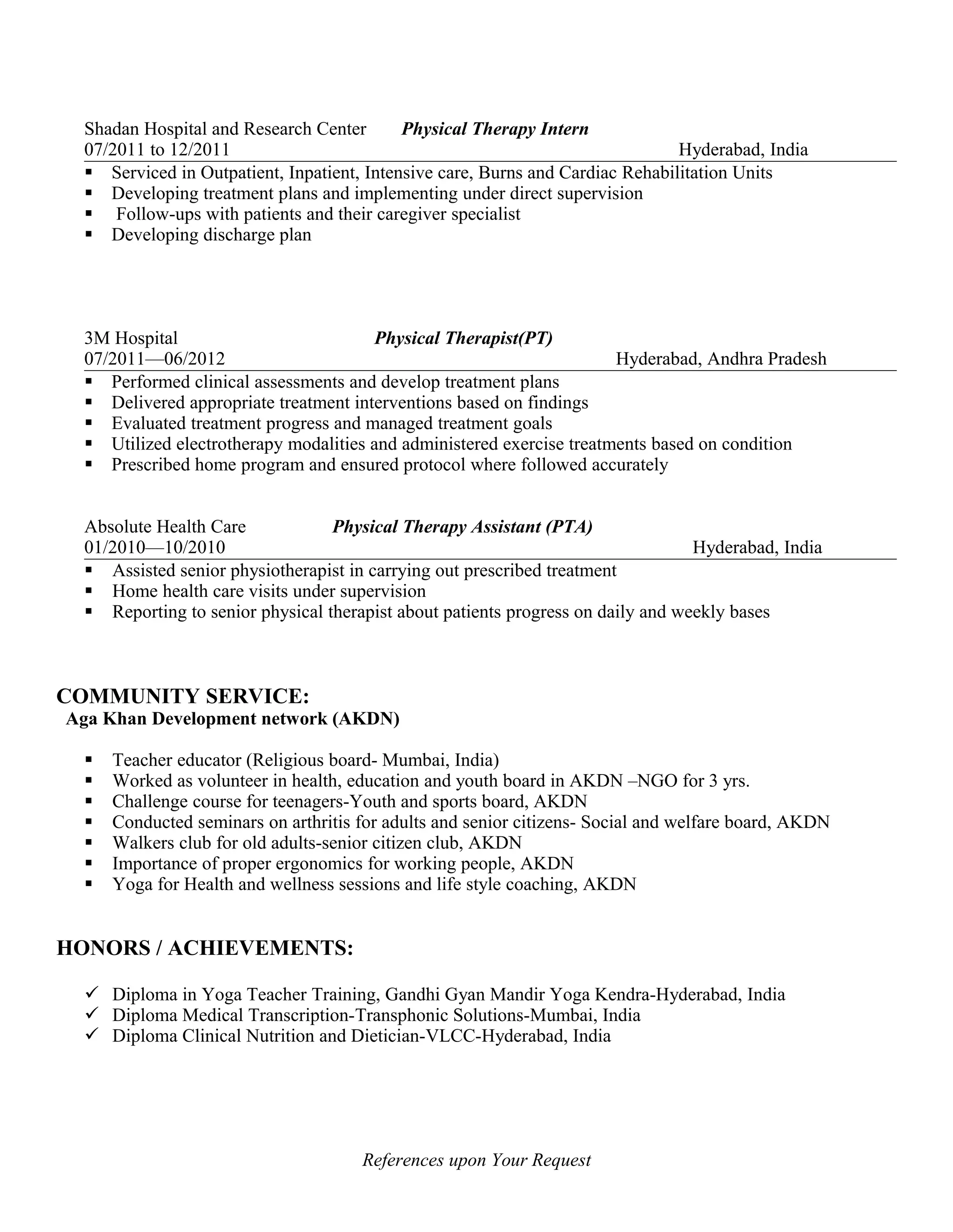 Shalina Resume | DOC | Physical Therapy | Wellness