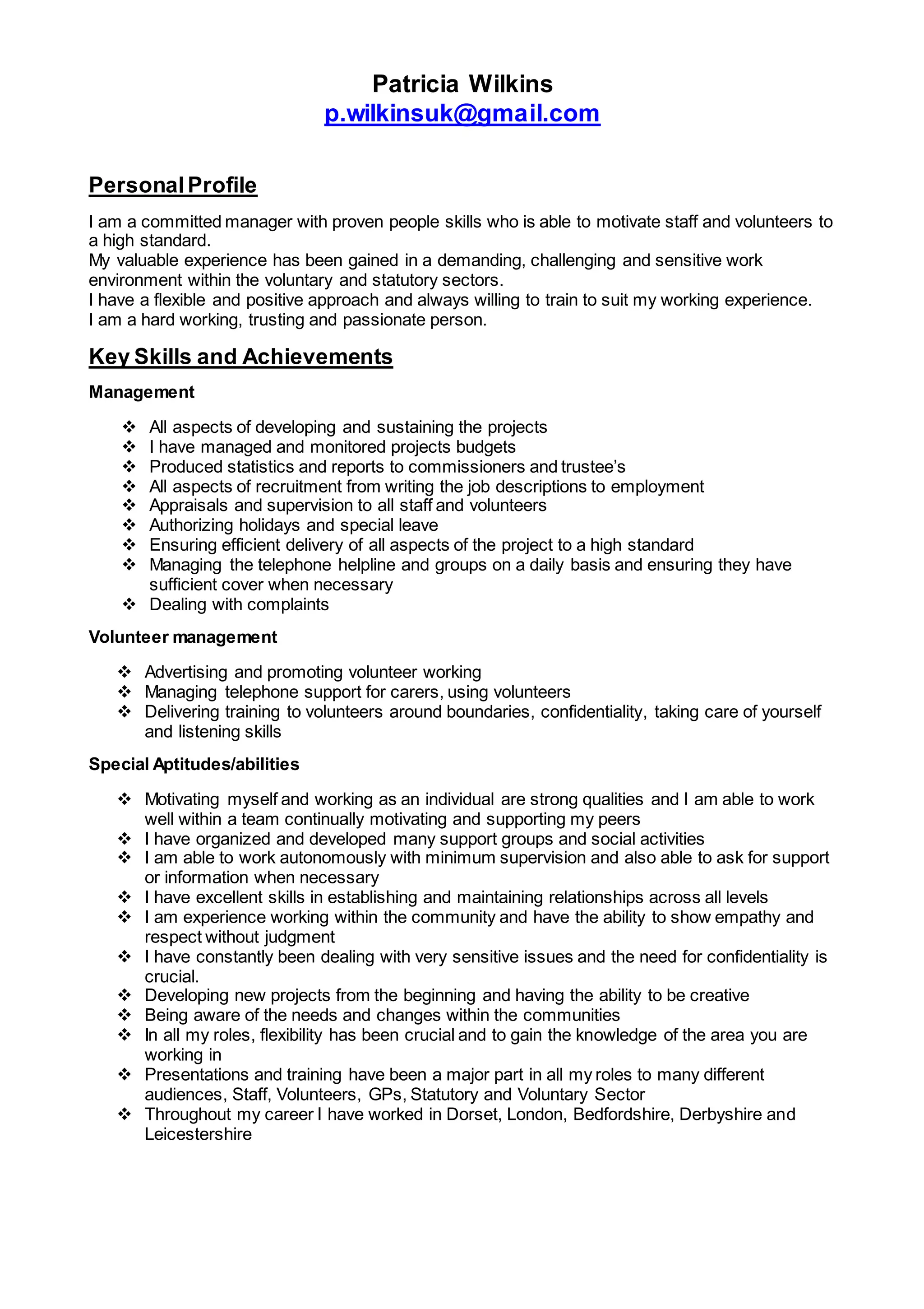 Patricia Wilkins CV | DOCX | Eldercare | Family and Relationships