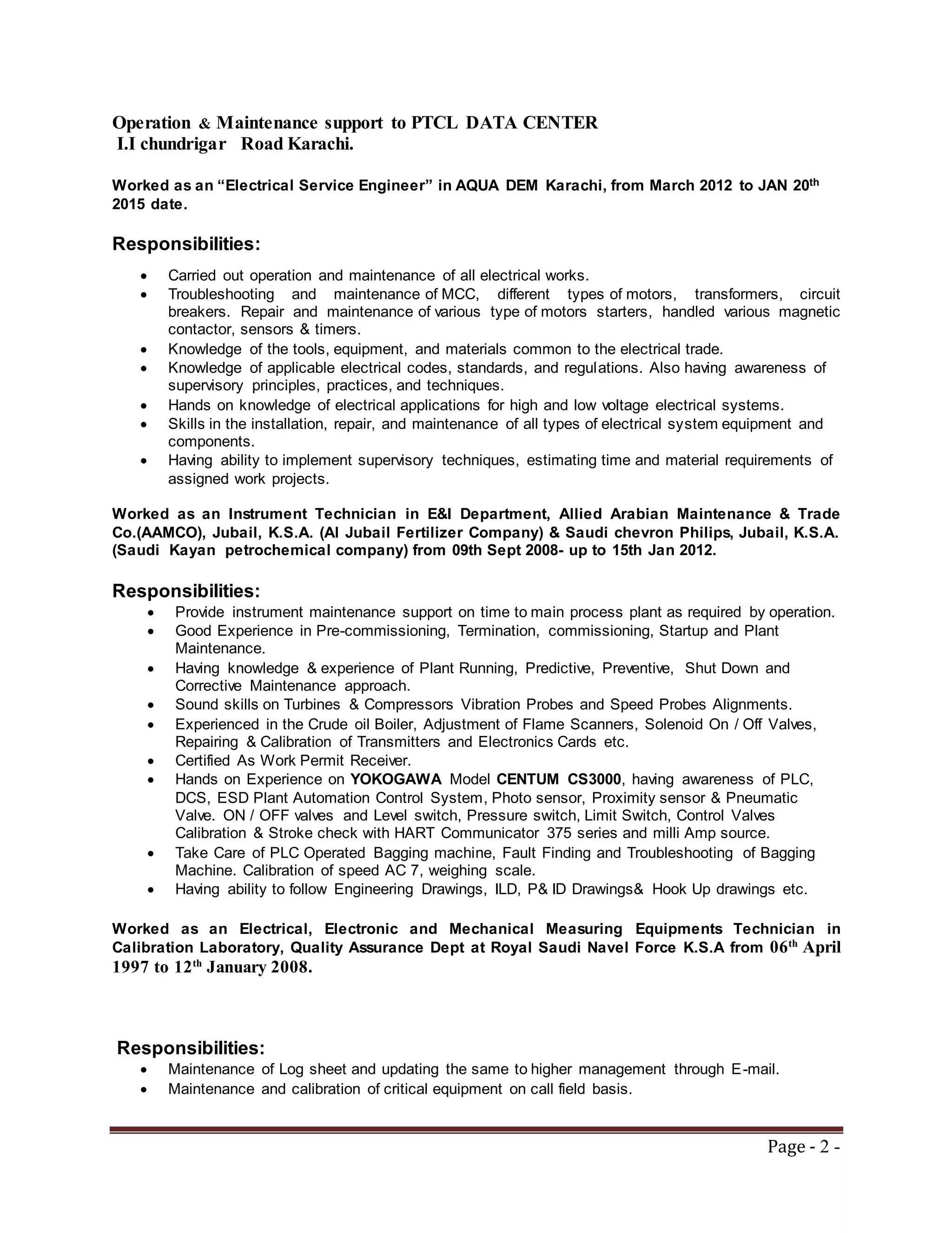 ElectricalInstrumentation Engineer | DOCX | Civil Engineering Industry | Industries