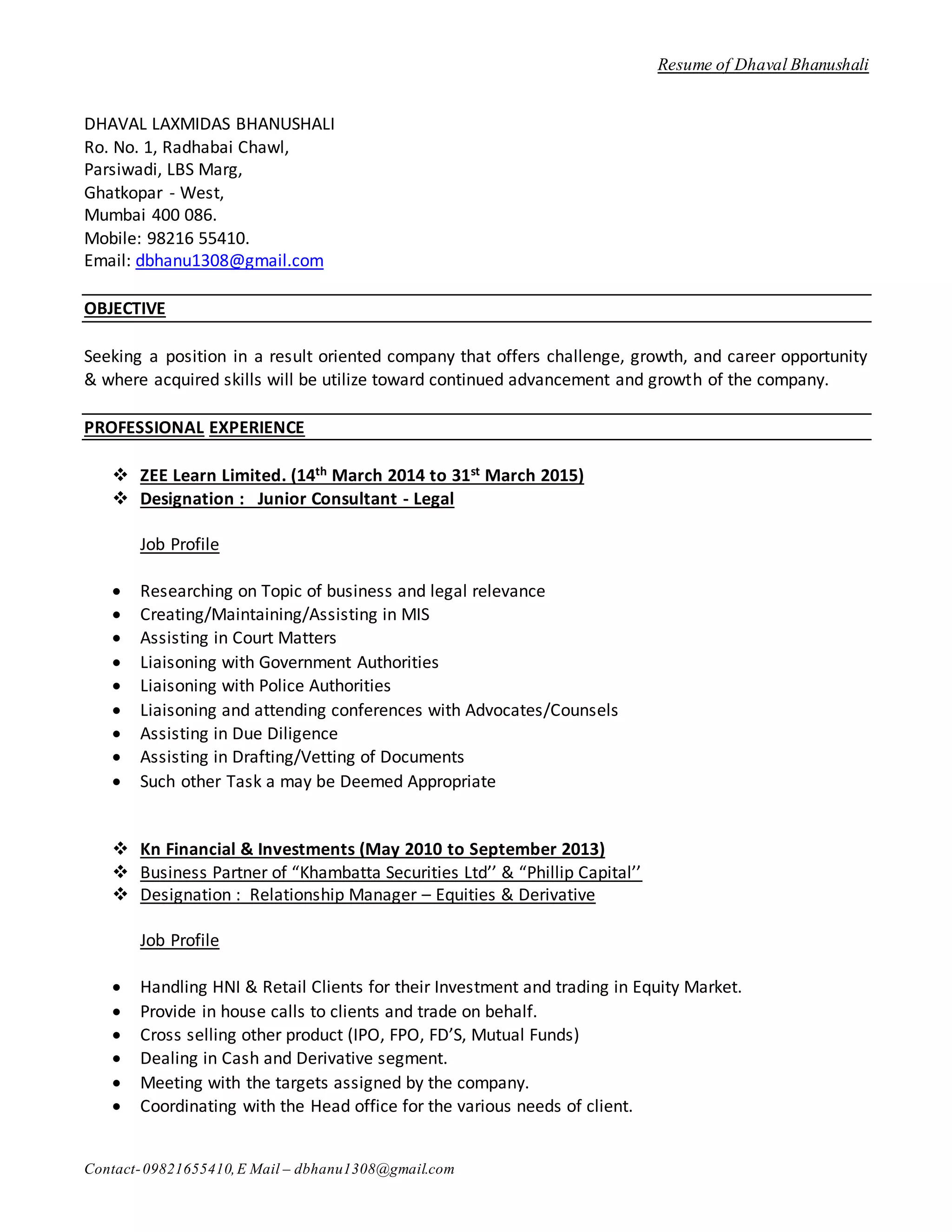 Resume (Dhaval Bhanushali) | DOCX