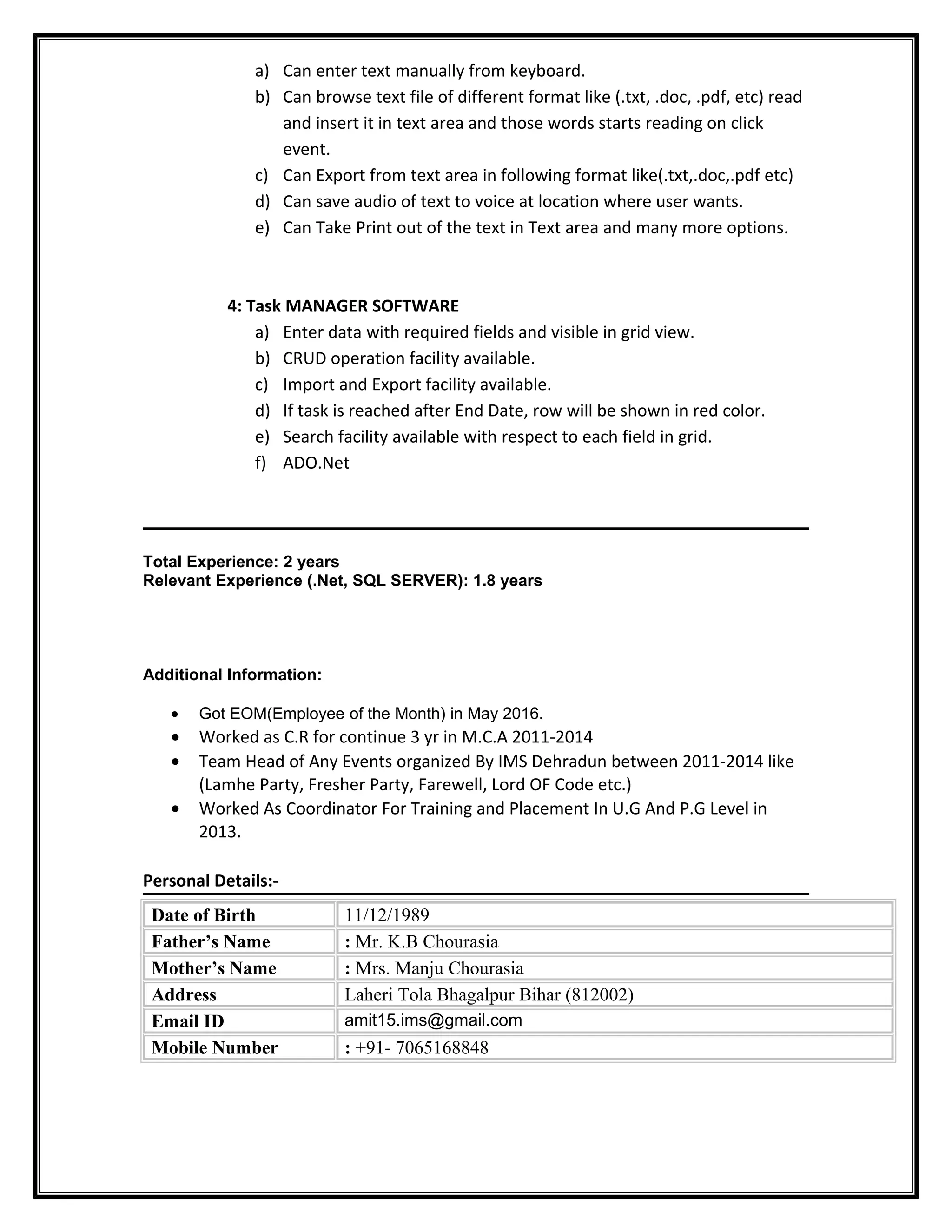Amit Resume DOT-NET | DOC | Programming Languages | Computing
