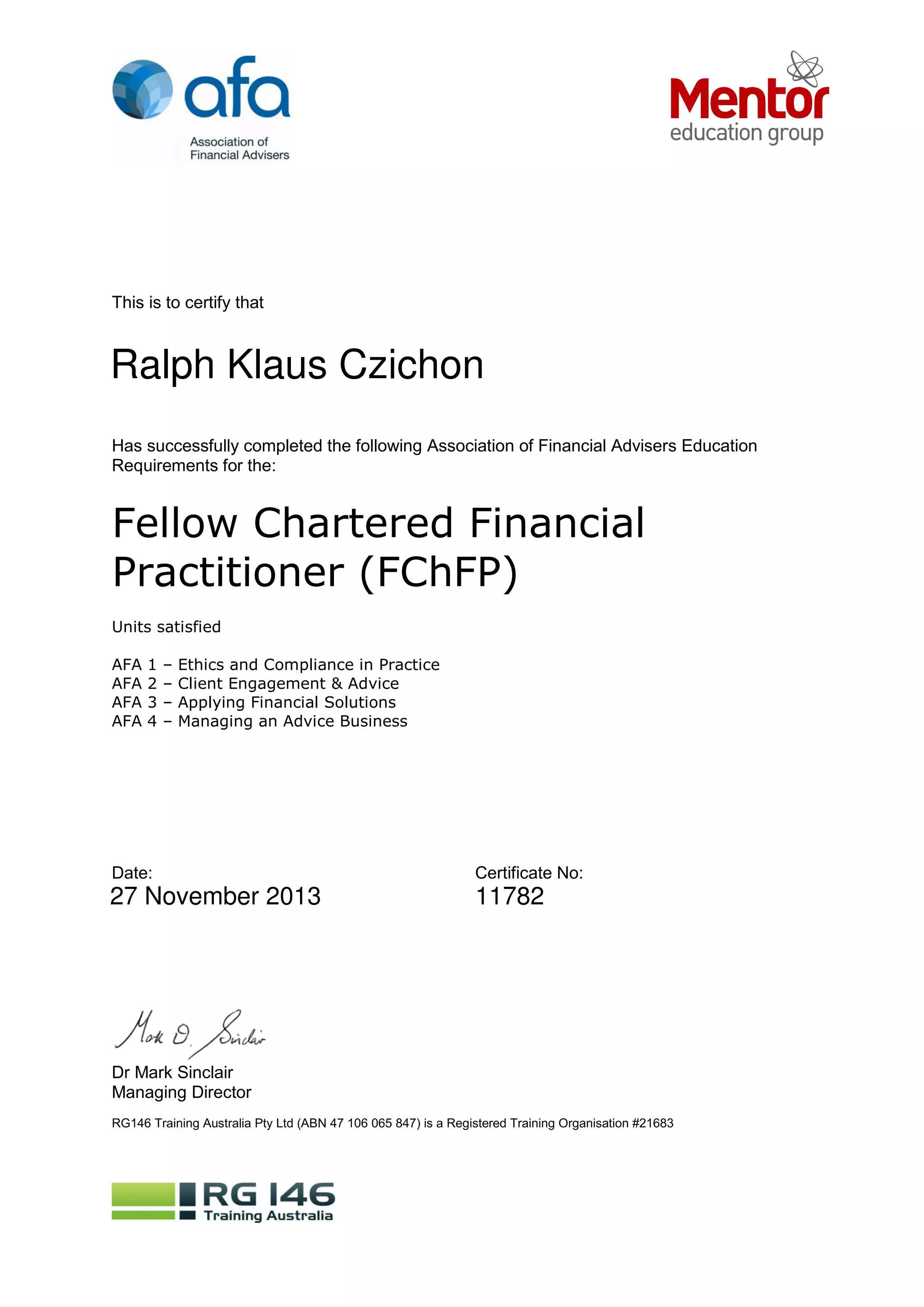 Ralph Klaus Czichon cert_11782_code_614_certificate 29102014 | PDF | Business | Business and Finance