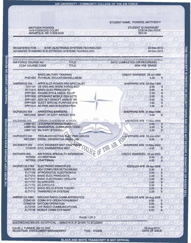 Community College of the Air Force Transcript | PDF