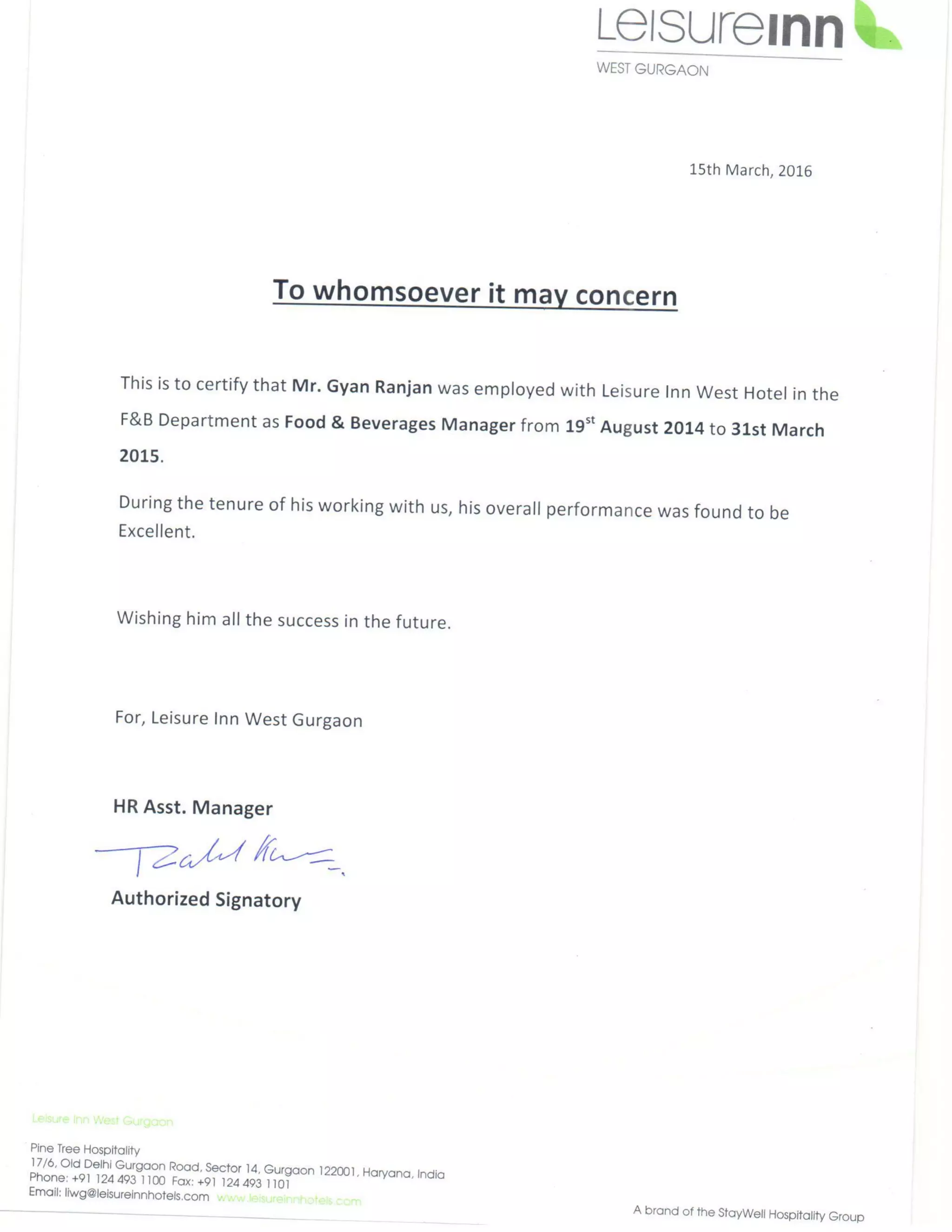 Leisure Inn Hotel Experience certificate | PDF