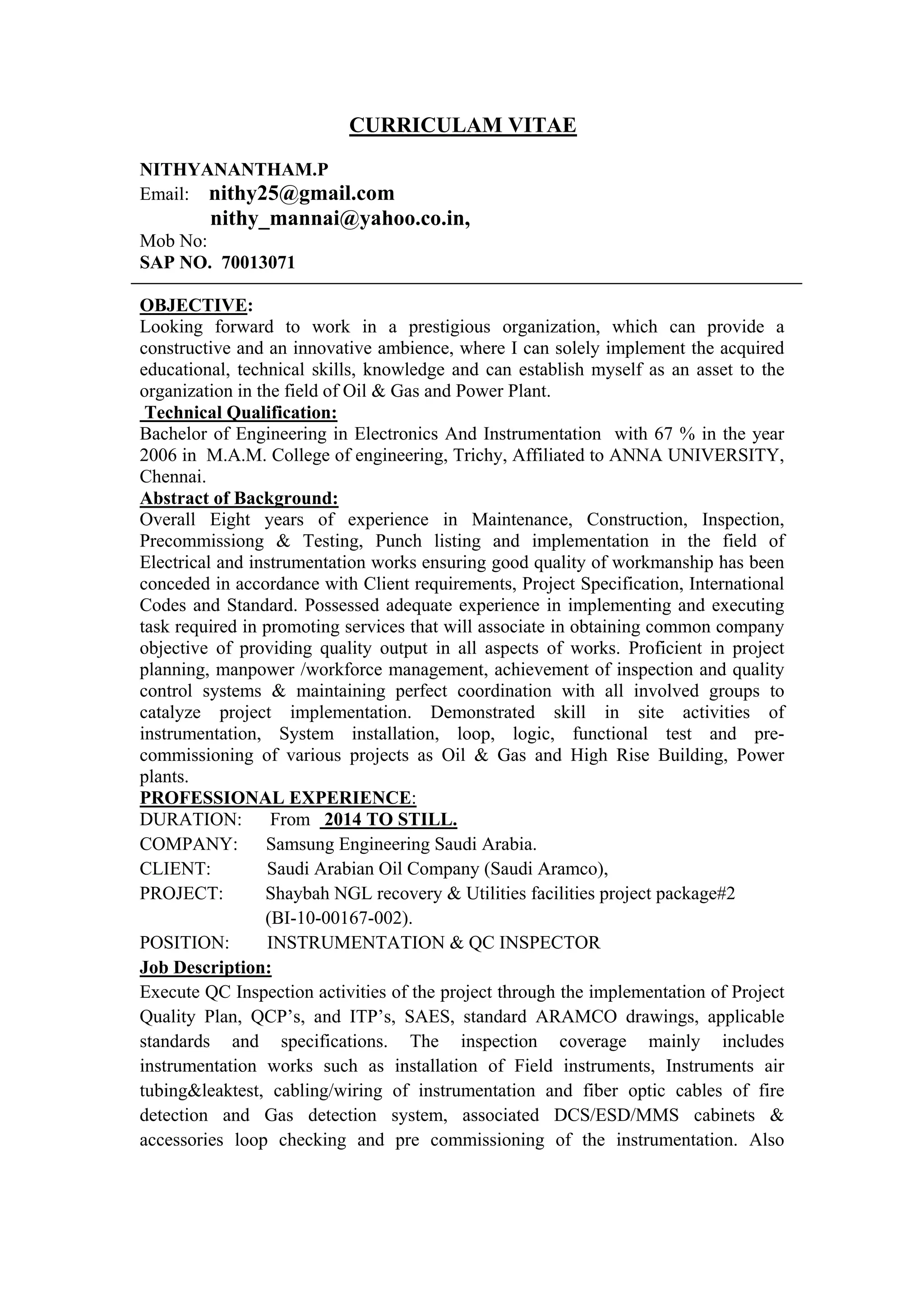 INSTRUMENTATION ENGINNER - QC INSPECTOR ARAMCO SAP 70013071 | PDF