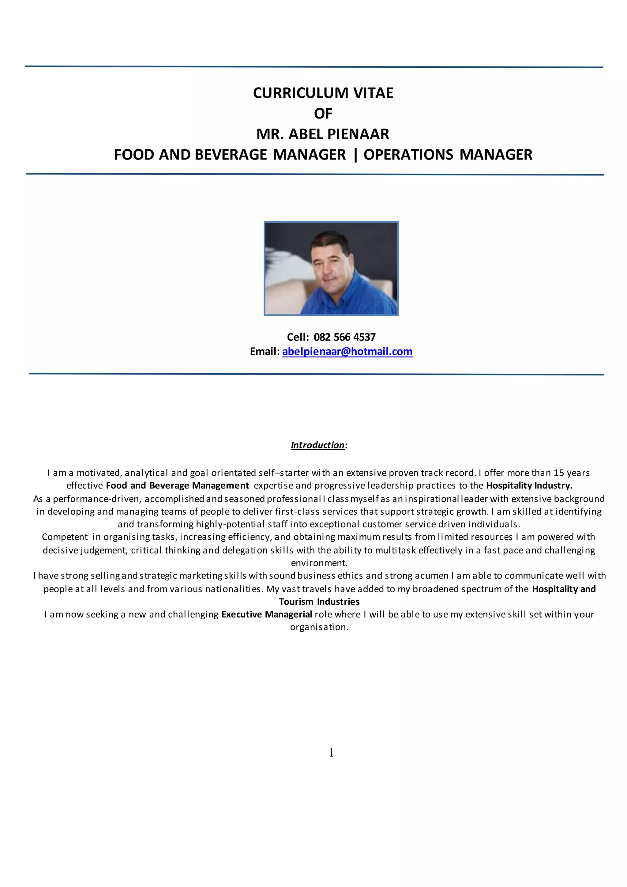 Abel Pienaar CV.. | DOCX | Hospitality Industry | Industries